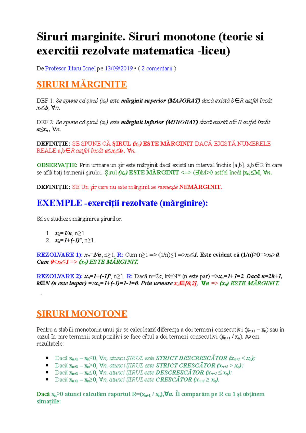Șiruri Mărginită și Monotone - Matematica 11 - Studocu