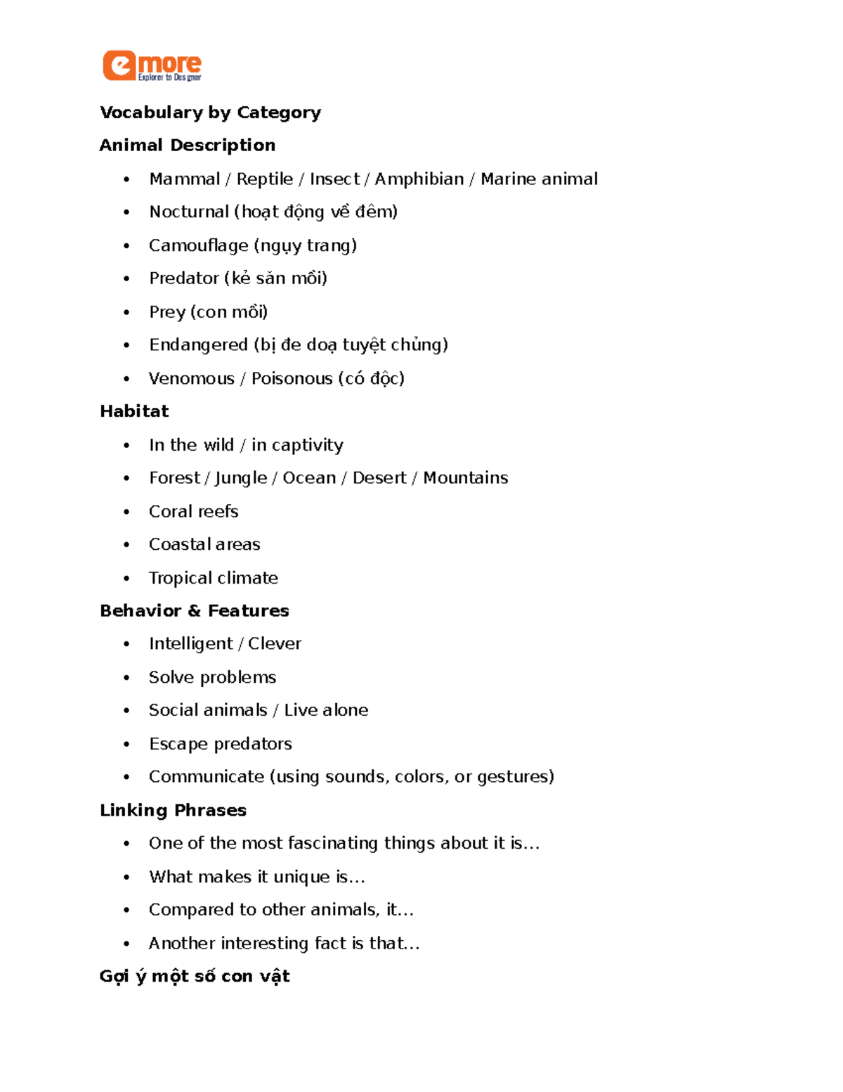 Animal Vocabulary & Descriptions for ESL Learners - Studocu