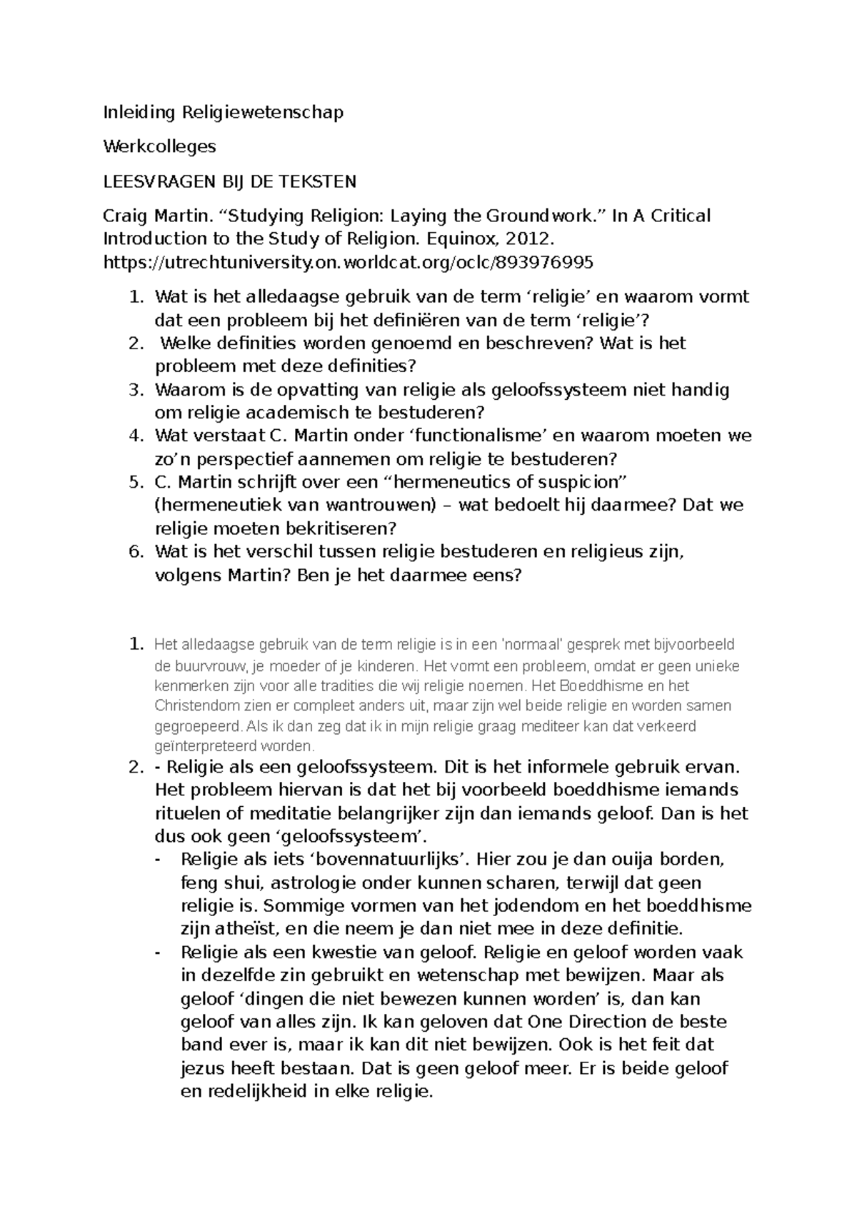 Werkcolleges LEESVRAGEN bij Craig Martin's "Religion: A Critical ...