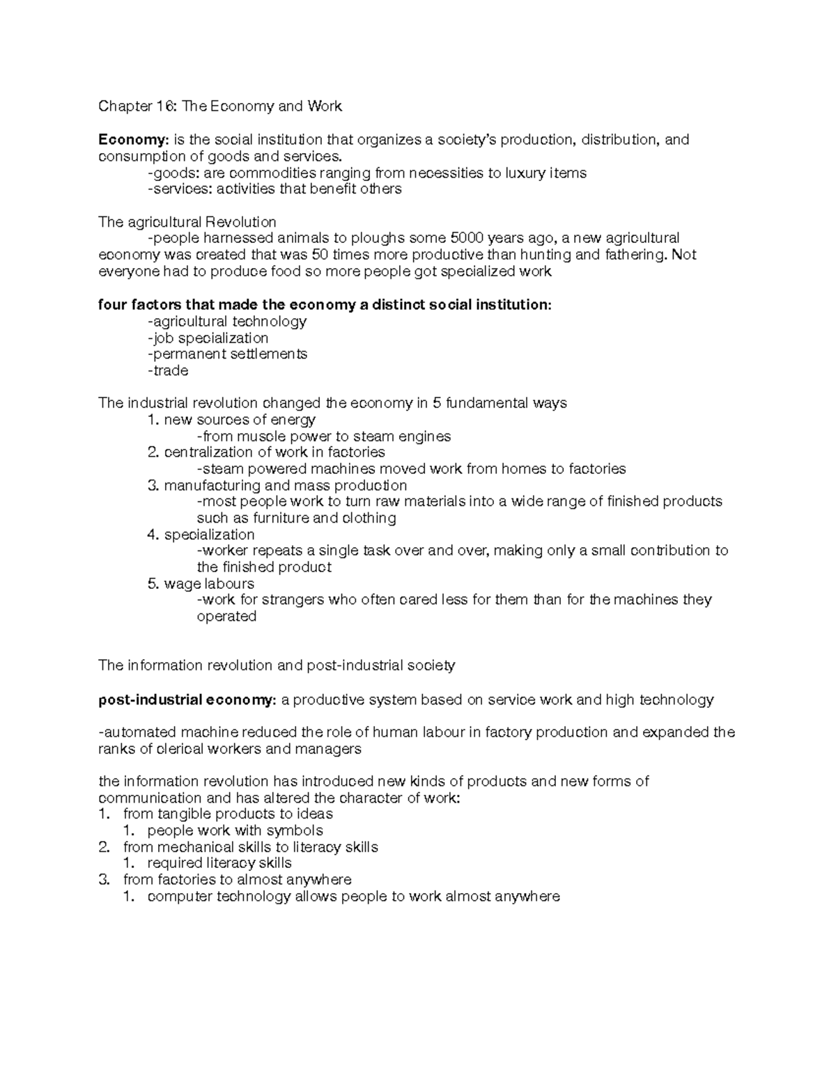 Chapter 16 sociology notes - Chapter 16: The Economy and Work Economy ...