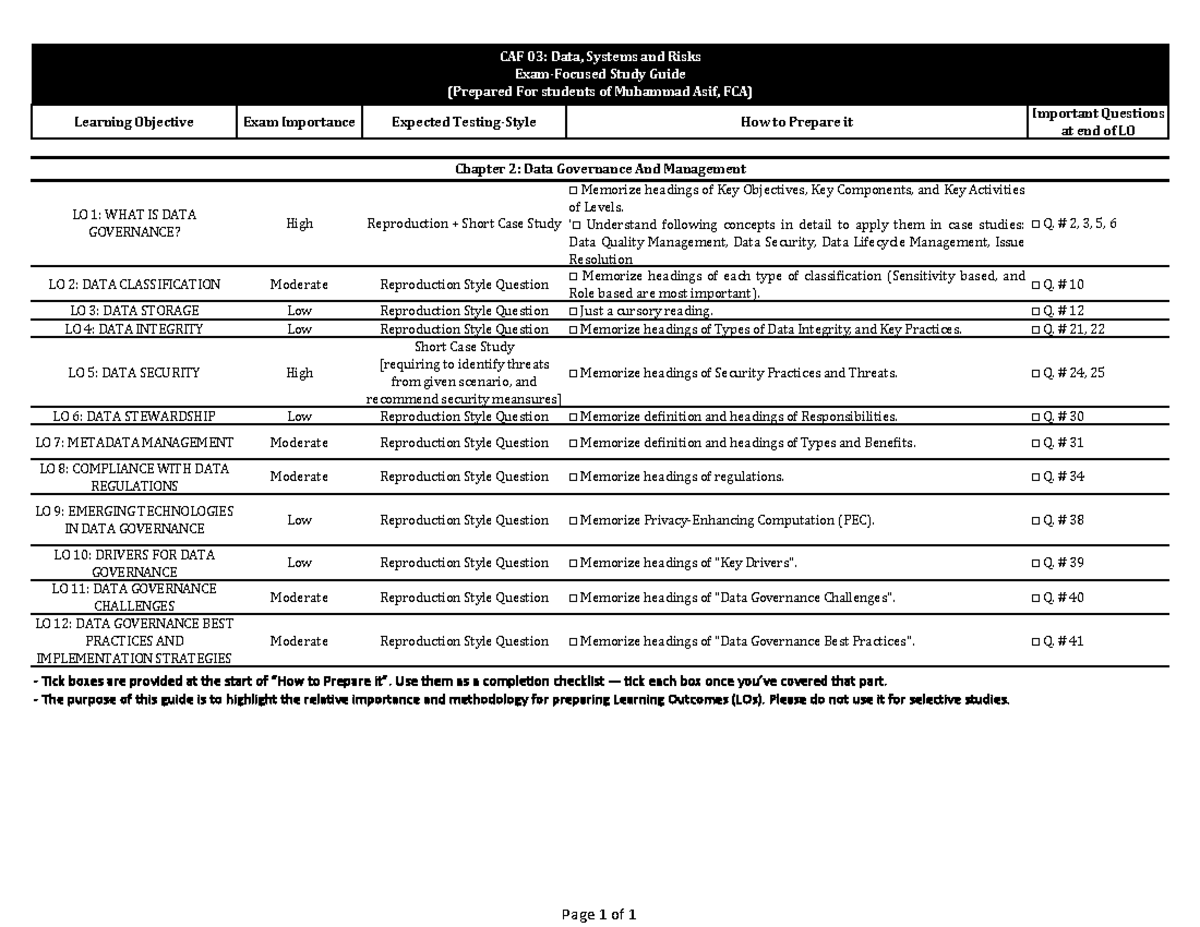 CAF 03: DSR Chapter 2 Study Guide - Data Governance & Management - Studocu