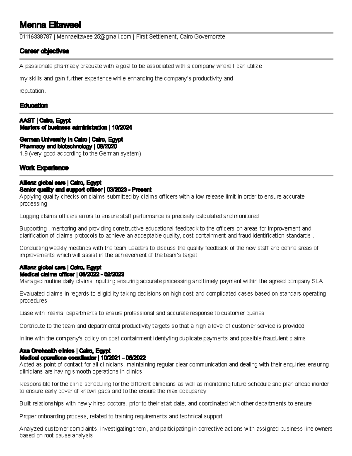 Menna Eltaweel CV - Pharmacy Graduate Seeking Career Opportunities ...
