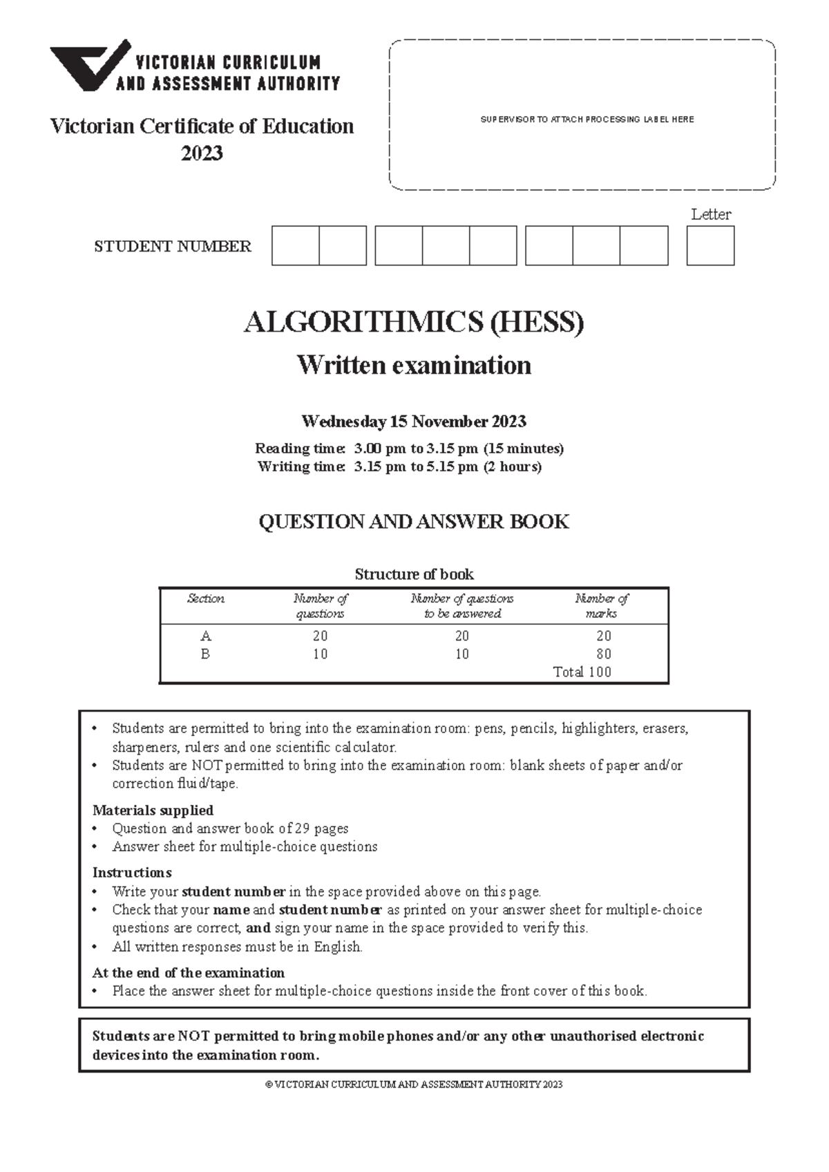 2023 Algorithmics Final Exam (HESS) Question & Answer Book - Studocu