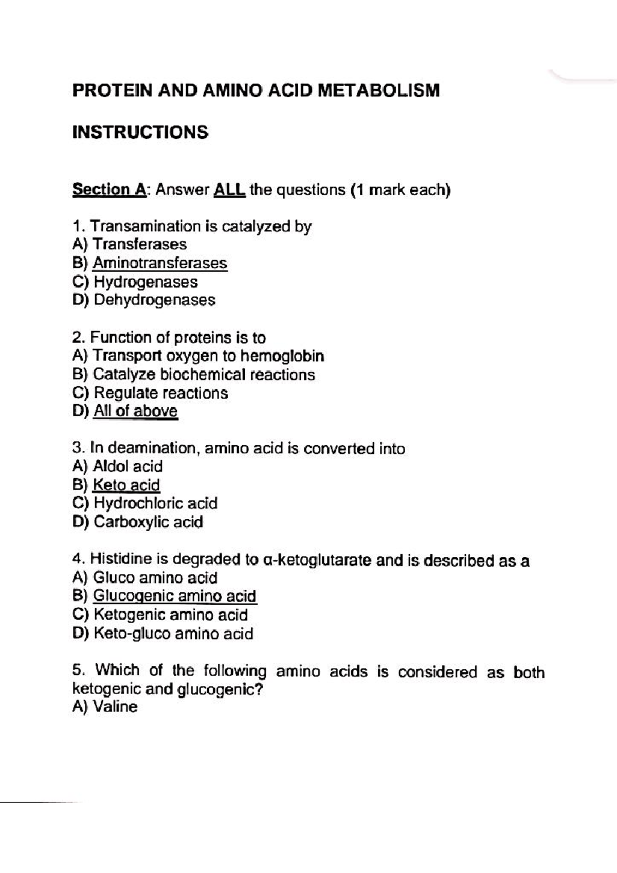 PROTEIN AND AMINO ACID METABOLISM QUIZ INSTRUCTIONS - Studocu