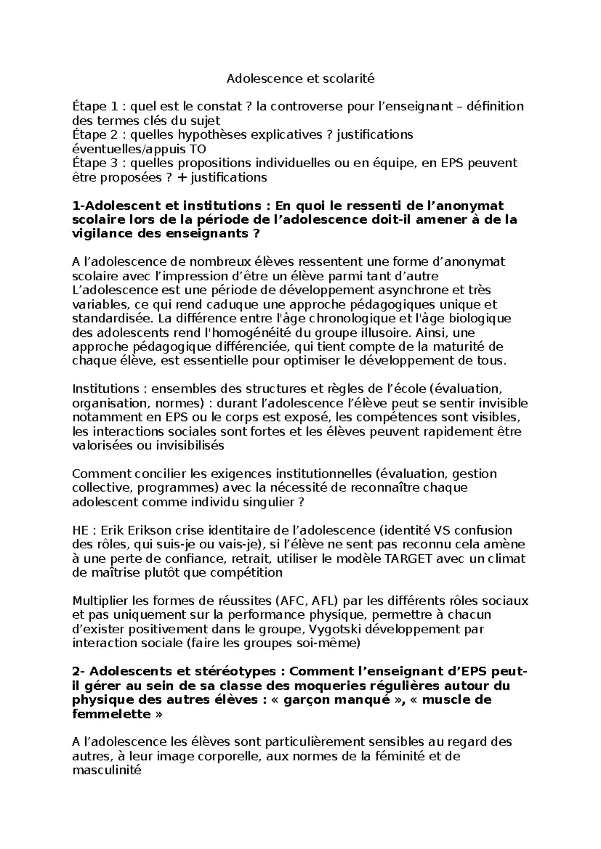 Adolescence et Scolarité : Défis et Approches Pédagogiques en EPS - Studocu