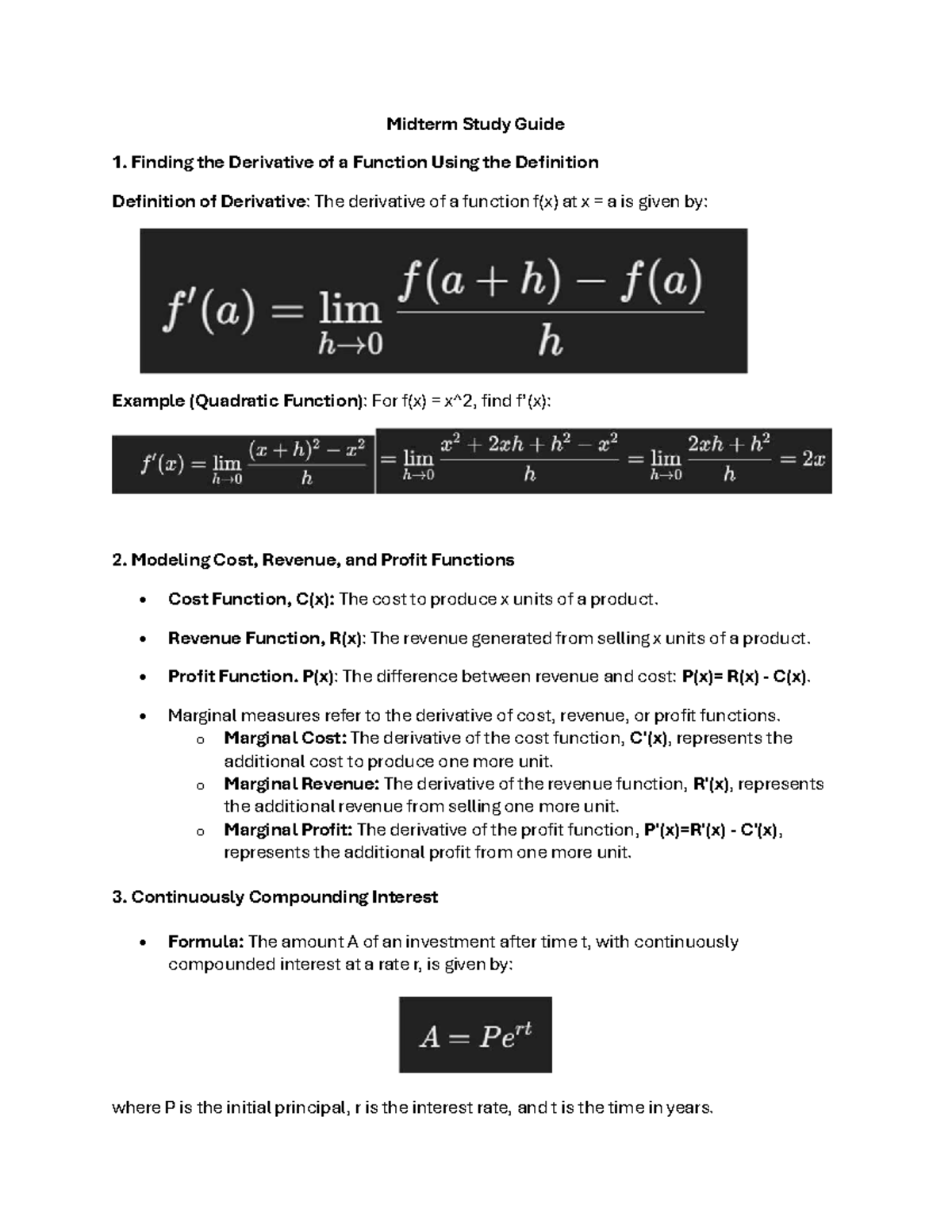 Midterm Study Guide 1: Derivatives, Cost, Revenue & Profit Functions ...