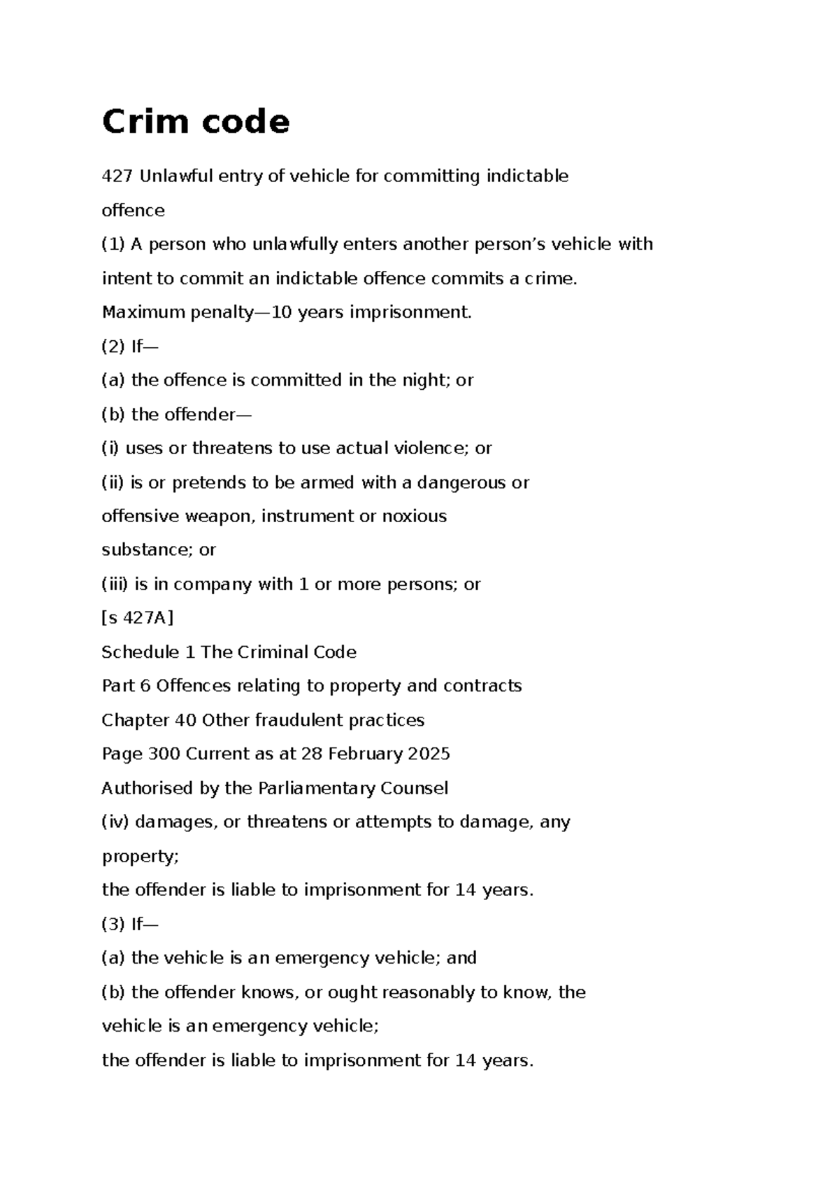 CRIM CODE 427 - Unlawful Entry of Vehicle & Fraudulent Practices - Studocu