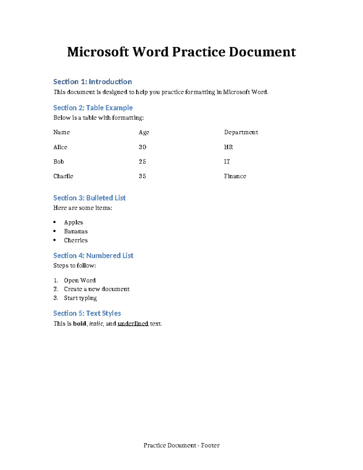 Word Practice Document - Microsoft Word Practice Document Section 1 ...