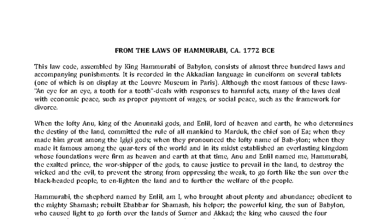 The Law Code of Hammurabi (CA. 1772 BCE) - A Comprehensive Overview ...