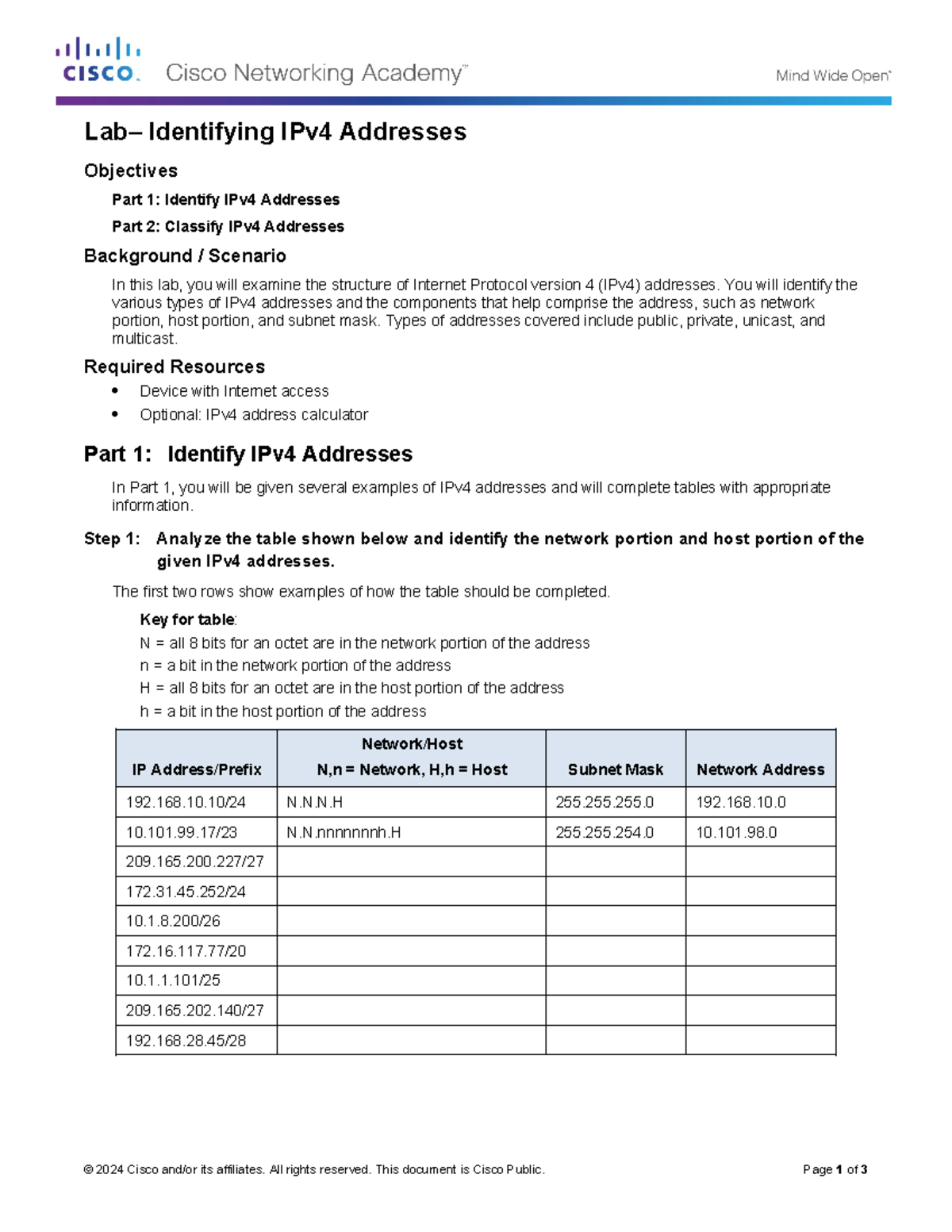 Lab - Identifying and Classifying IPv4 Addresses (Cisco) - Studocu