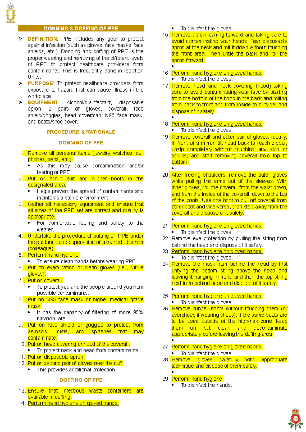 PPE Donning & Doffing: Detailed Procedure & Guidelines - Studocu