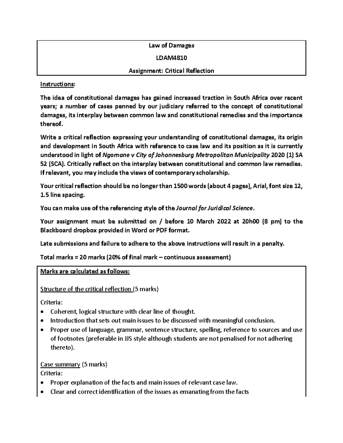 Critical Reflection on Constitutional Damages in SA - LDAM Assignment ...