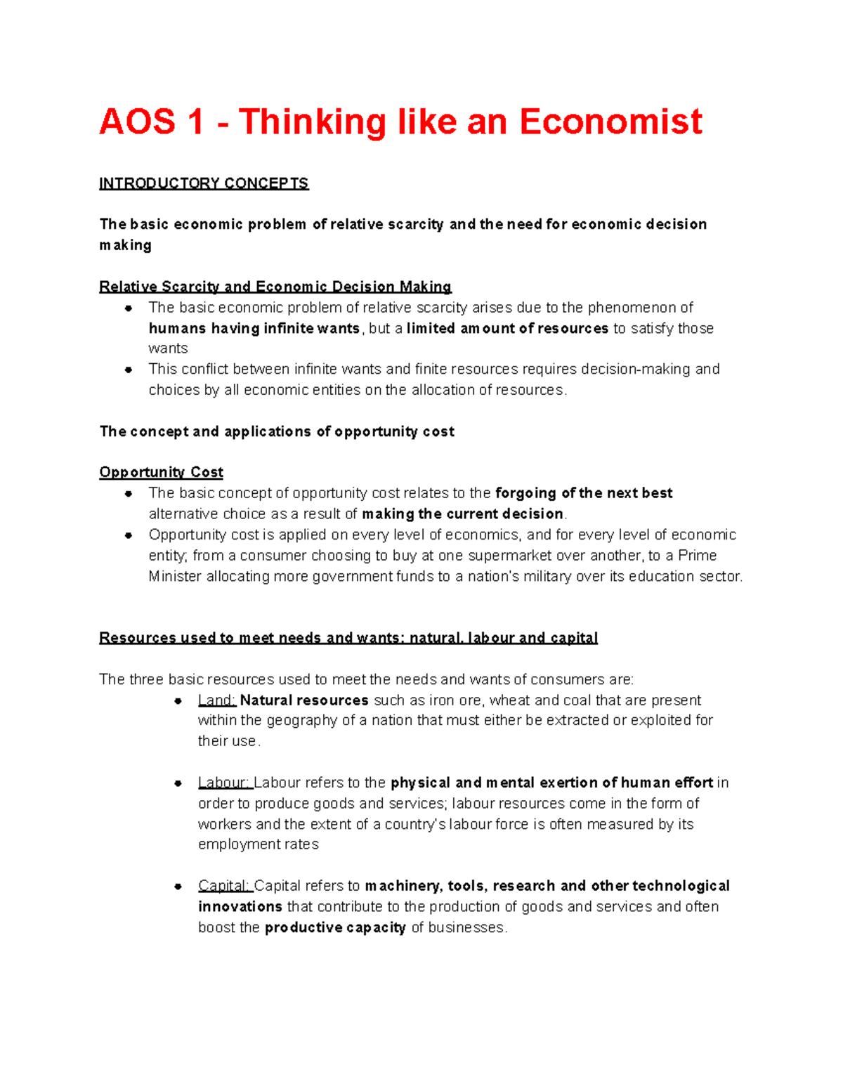 Economics Unit 1 (Microeconomics) Notes - AOS 1 - Thinking like an ...