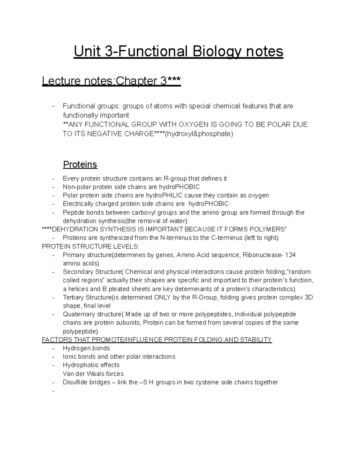 Unit 3 Biology Lecture Notes: Functional Groups and Protein Structure ...