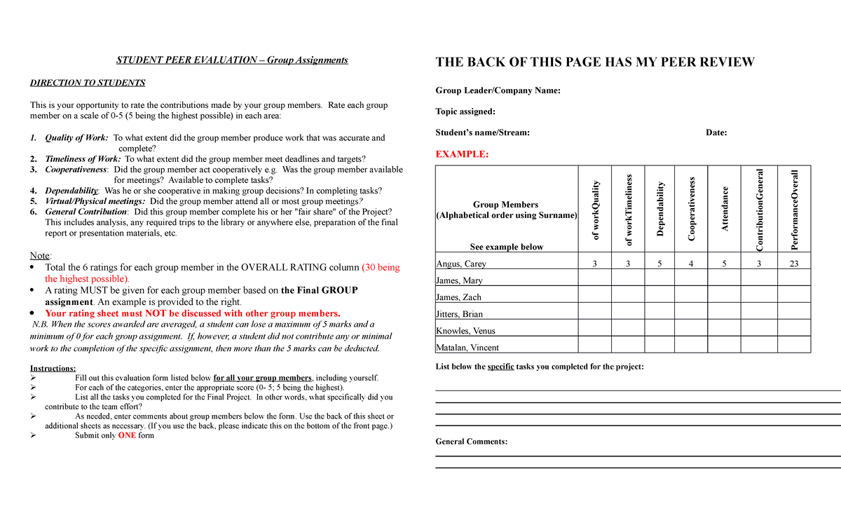 Peer Evaluation Form for Group Assignments - Final Project - Studocu
