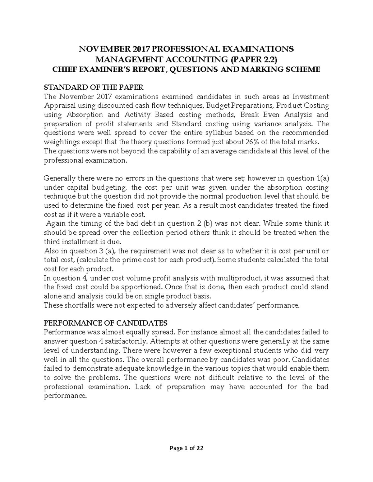 Management Accounting Exam Report & Marking Scheme: Nov 2017 (Paper 2.2 ...