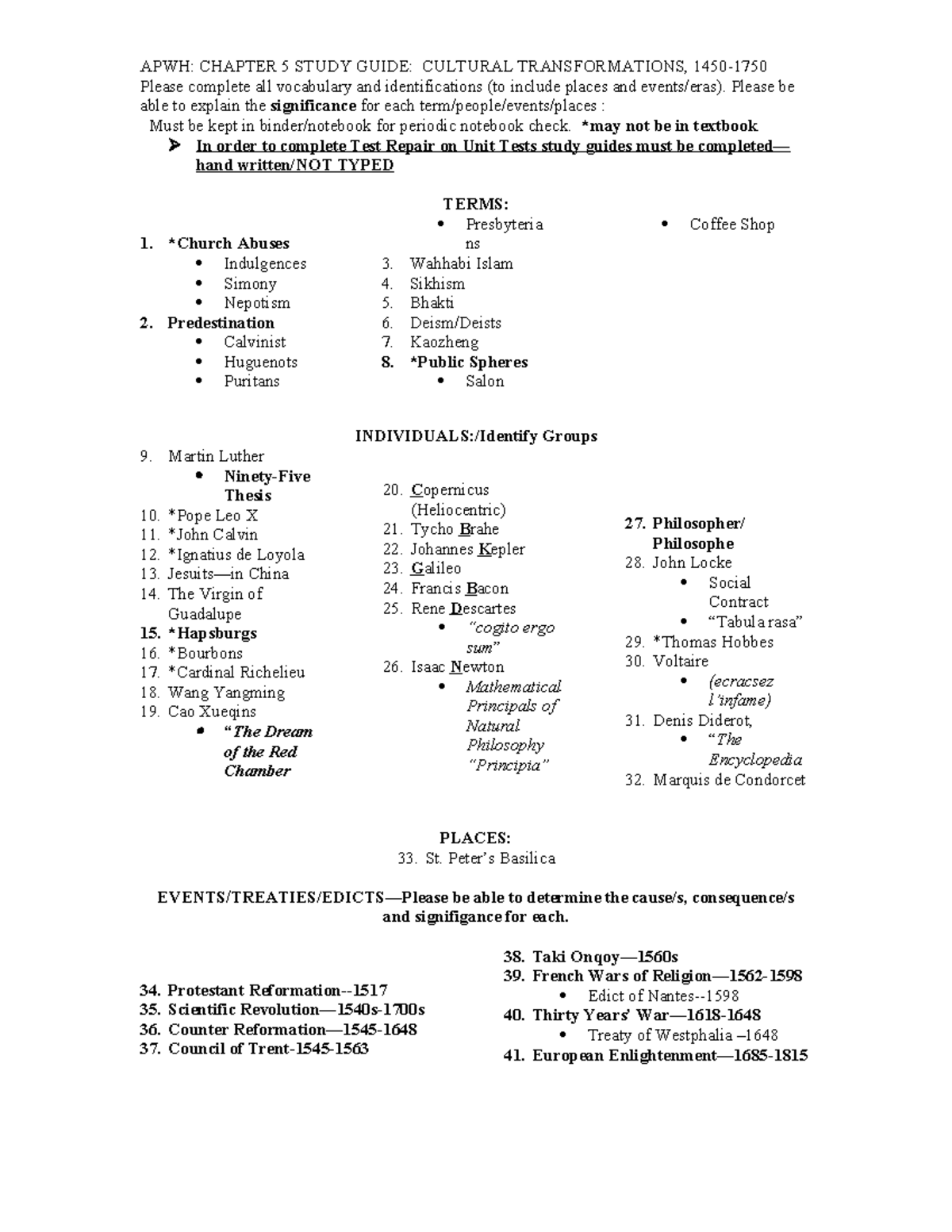 APWH CH5 Study Guide: Cultural Transformations (1450-1750) Analysis ...