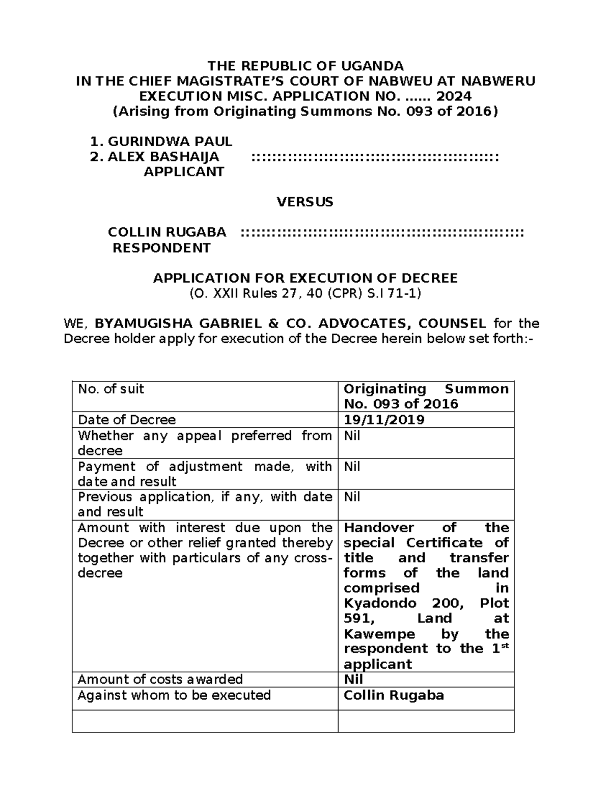 Execution Application for Gulindwa vs. Rugaba (Misc. Application No ...