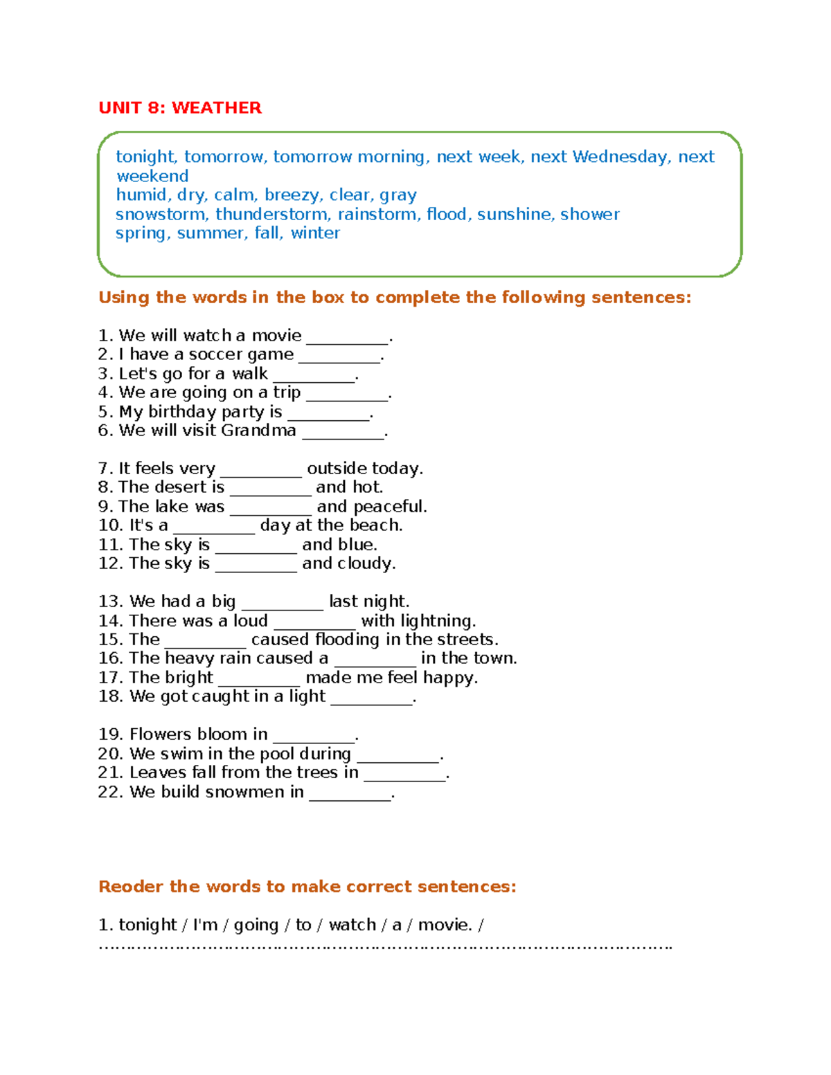 UNIT 8: Weather - Exercises and Sentence Completion - Studocu