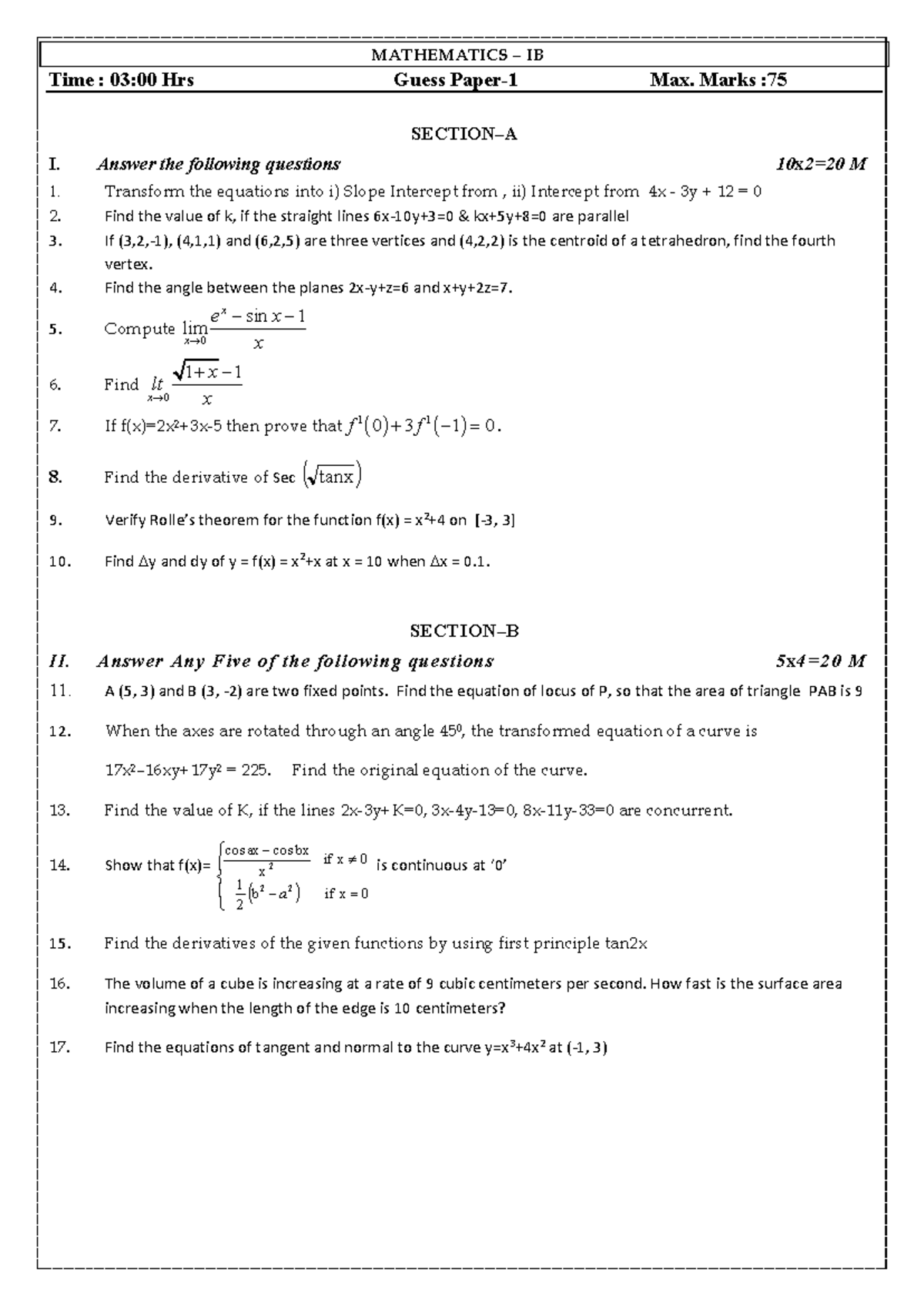 MATHEMATICS IB - Important Questions for Final Exam Preparation - Studocu