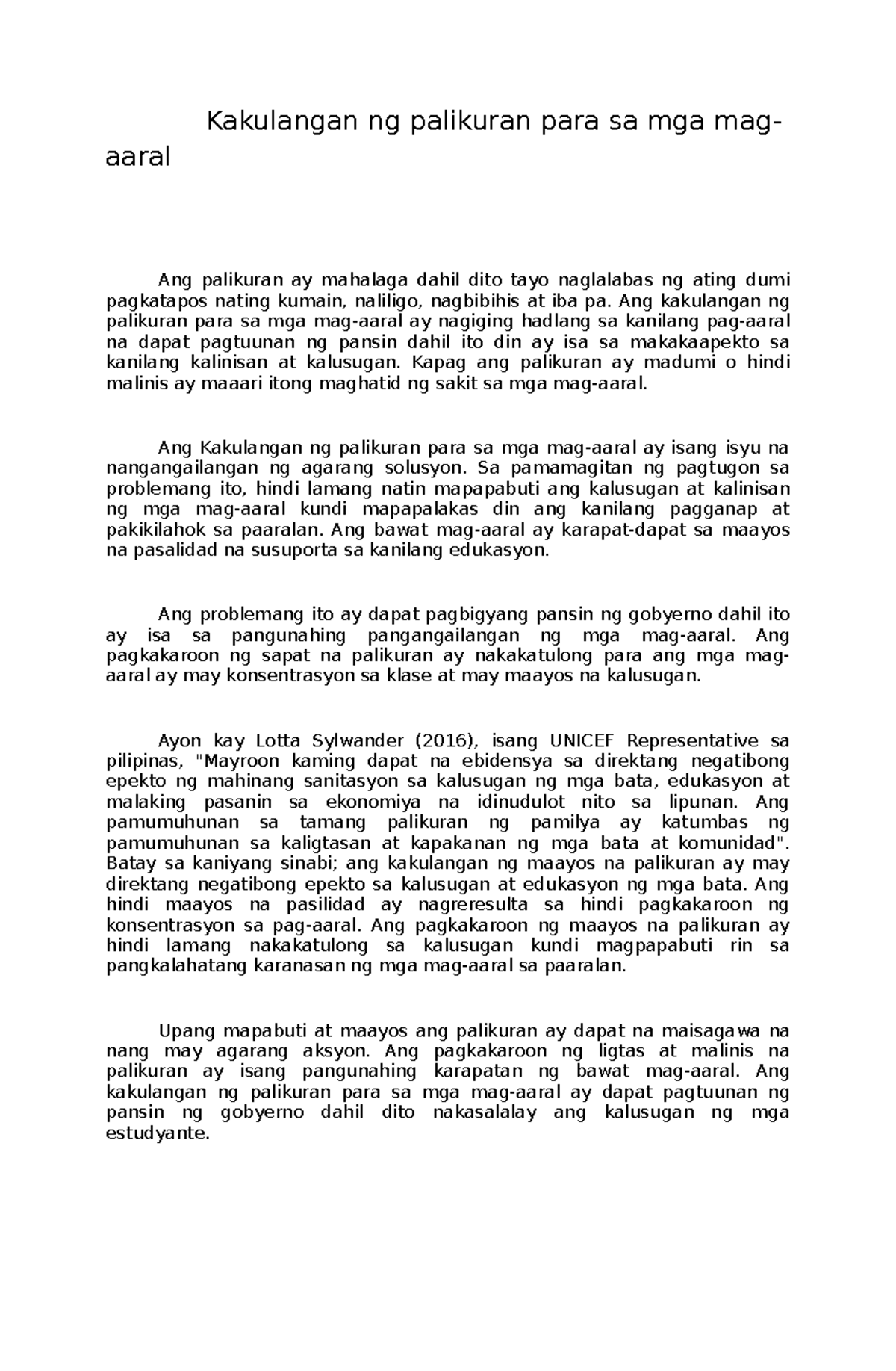 BJ - Kakulangan ng Palikuran at Epekto nito sa Mga Mag-aaral - Studocu