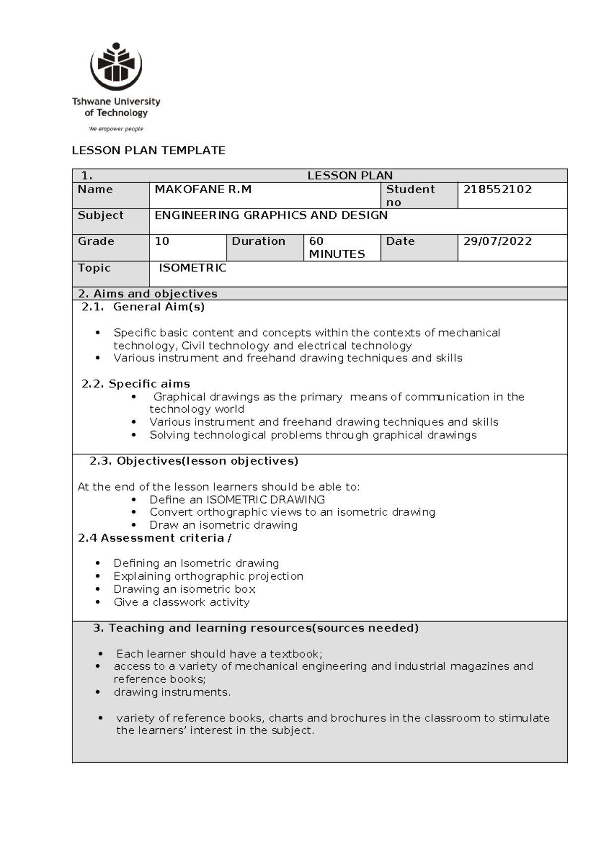 Isometric Drawing Lesson Plan EGD 06 for Grade 10 Students - Studocu