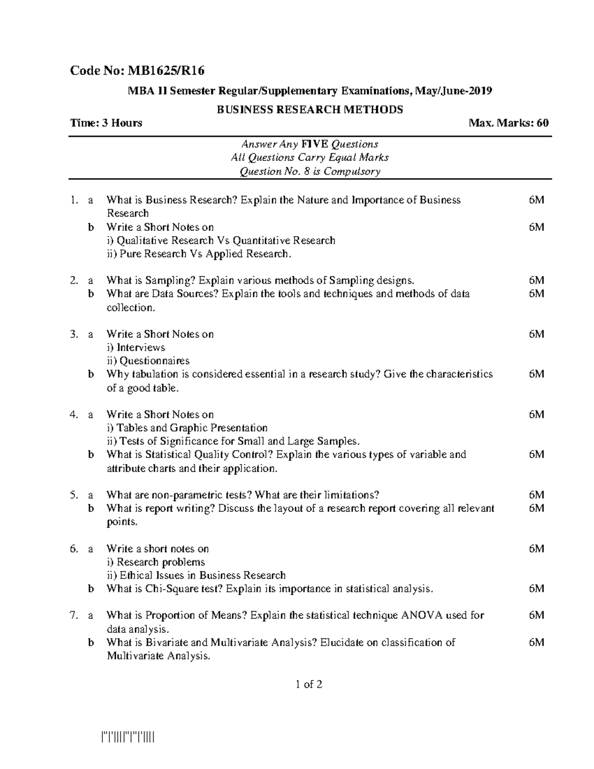 MBA II Sem - Business Research Methods Question Paper 2019 - Studocu