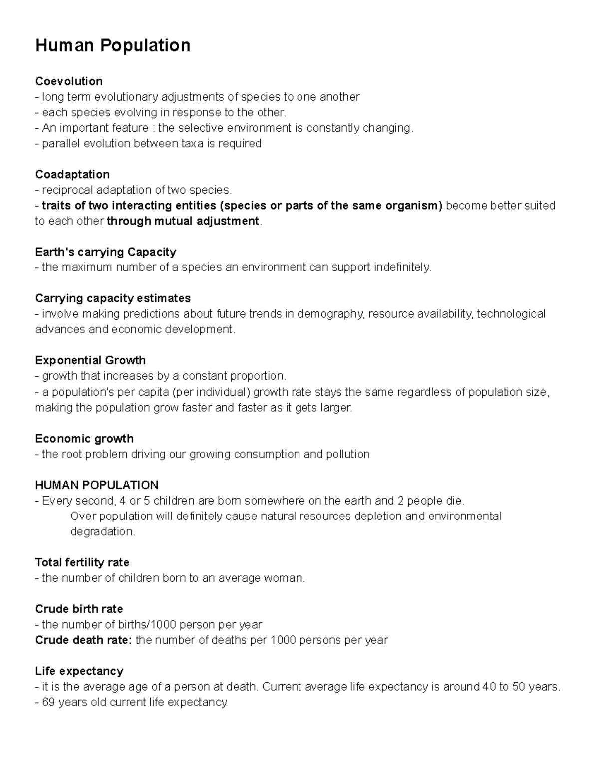 Human Population Dynamics: Coevolution, Growth, and Health Issues - Studocu