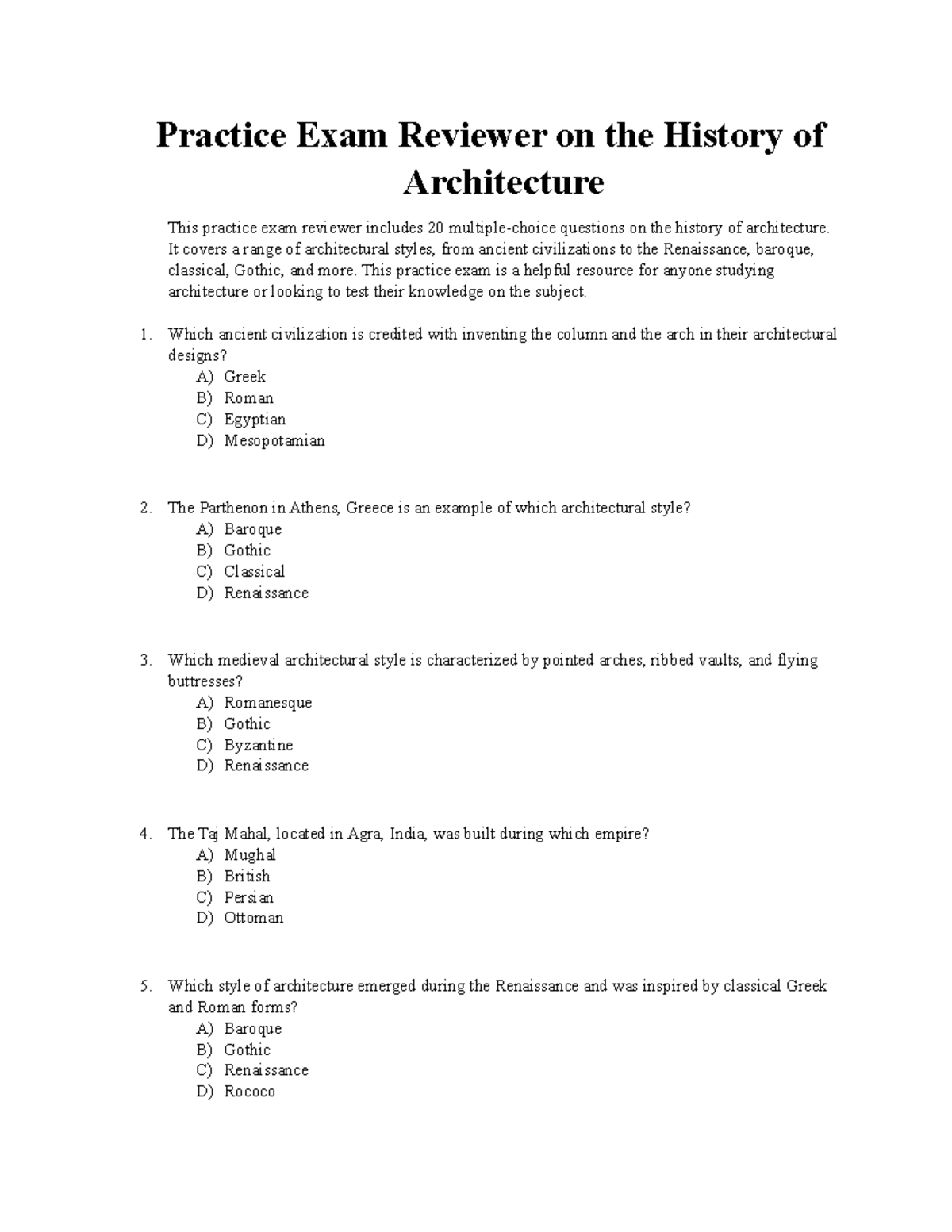 Practice Exam Reviewer: History of Architecture (ARCH 101) - Studocu