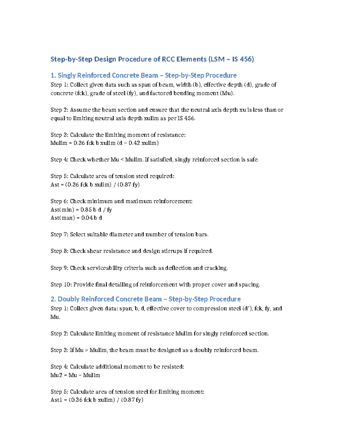 Design Procedure for RCC Elements (LSM IS 456) - Beams & Slabs - Studocu