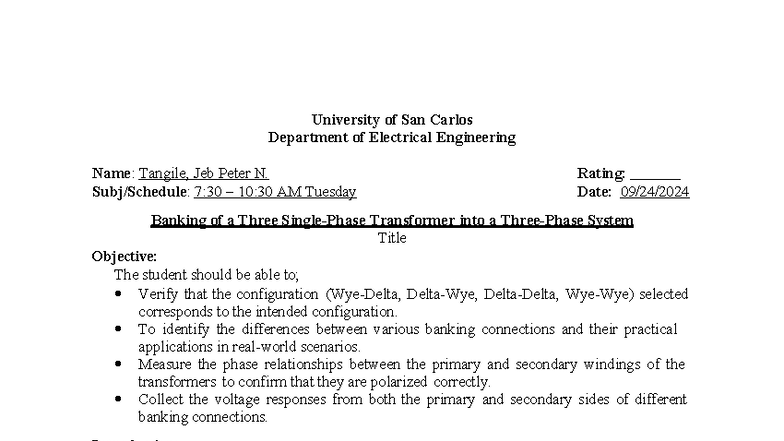 Lab Report 5: Banking of Three Transformers in Power Systems - Studocu