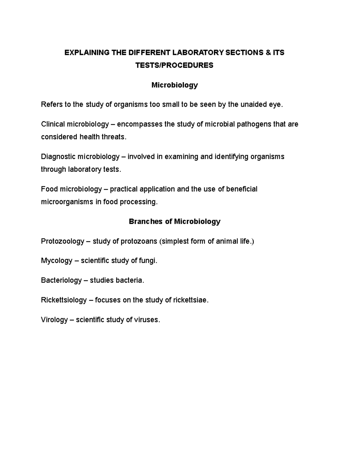 Explaining THE Different Laboratory Sections AND ITS Tests AND ...