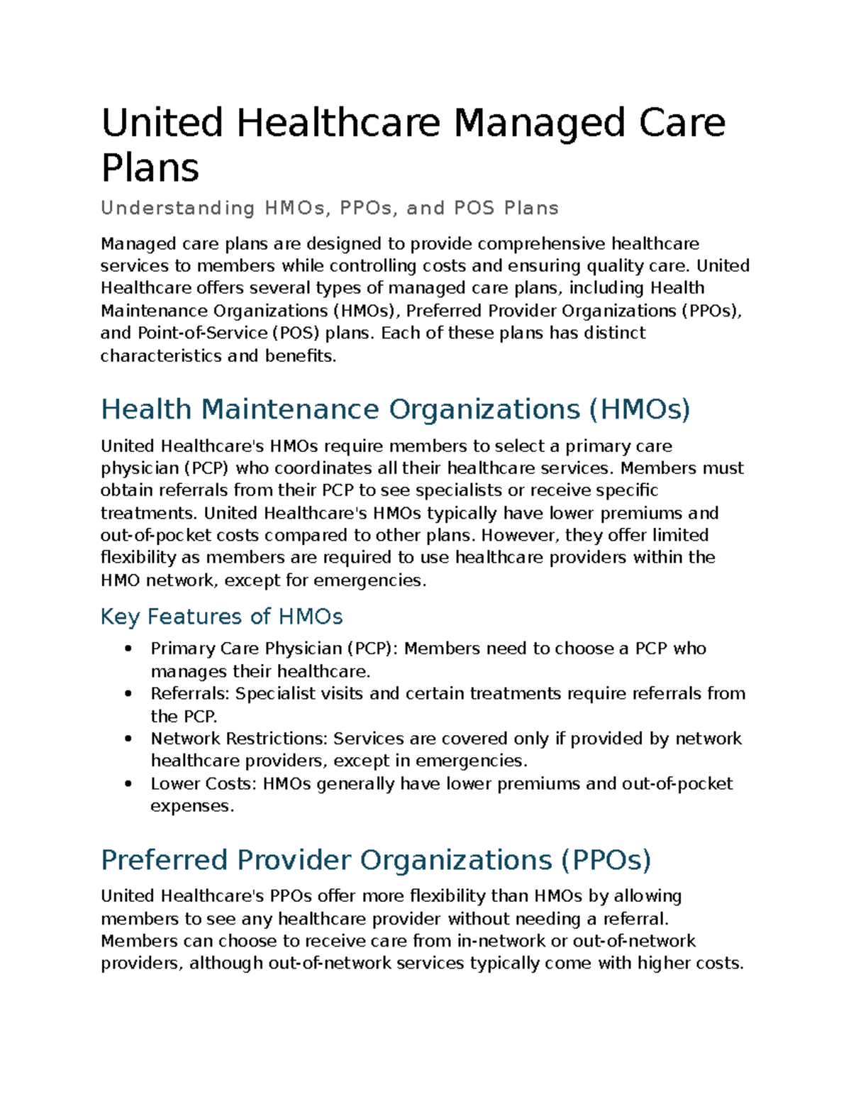 UHC Managed Care Plans: Understanding HMOs, PPOs, and POS Features ...