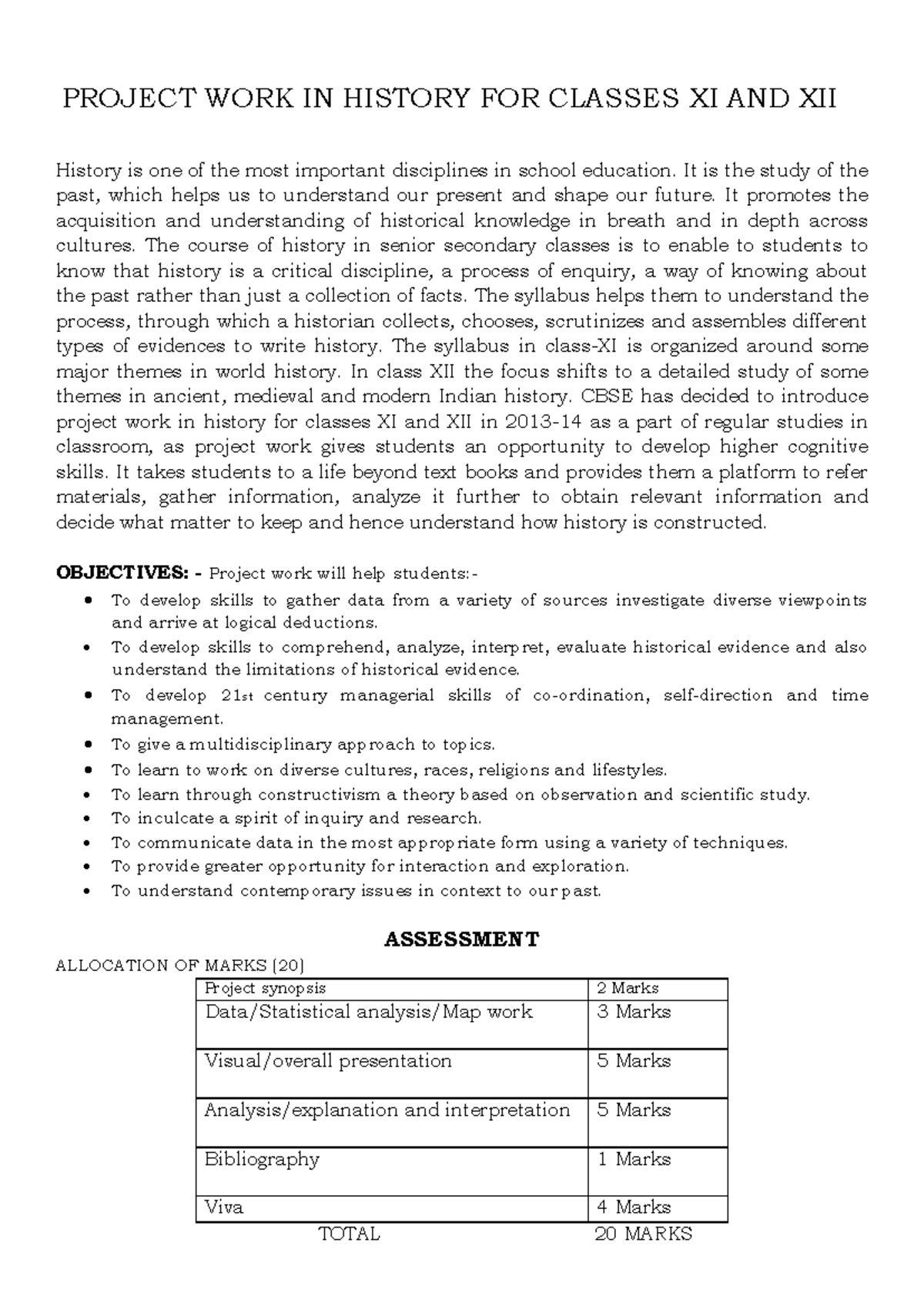 Class XI & XII History Project Work: Objectives & Assessment Guide ...