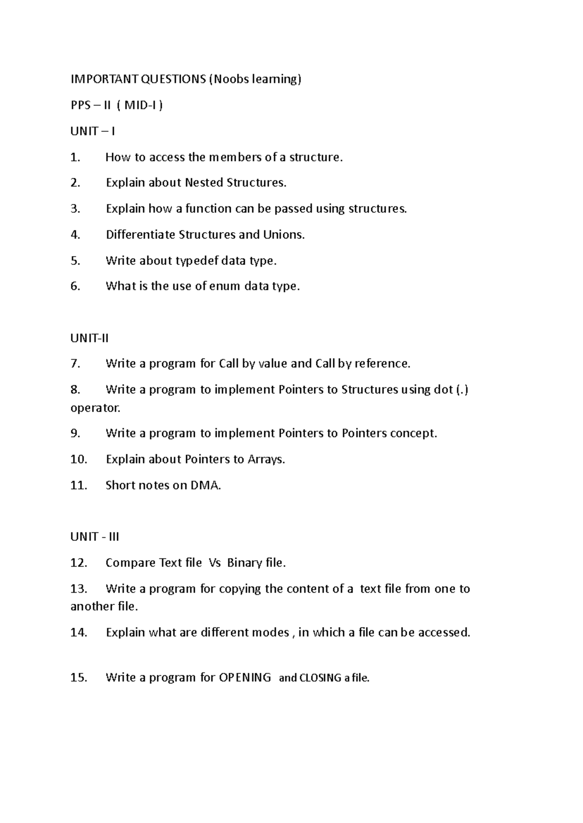 PPS II Important Questions for Beginners: Unit I & II - Studocu