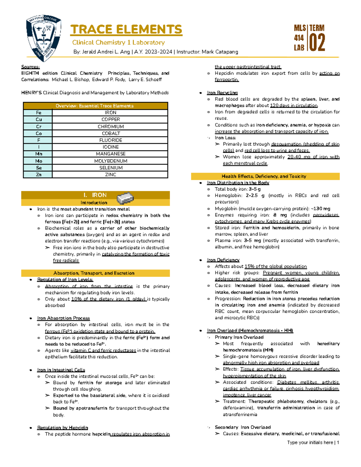 Trace Elements CC1 - TRACE ELEMENTS Clinical Chemistry 1 Laboratory By ...