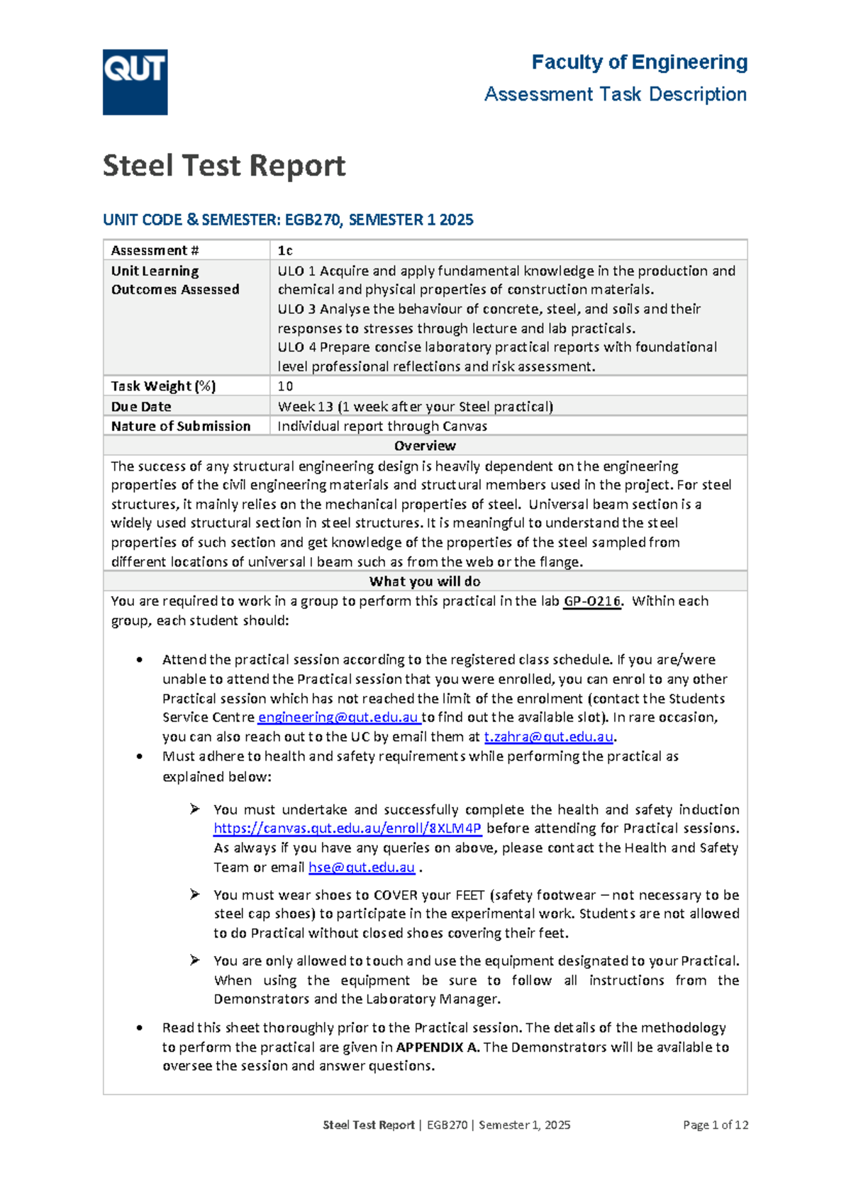 EGB270 Steel Practical Assessment Task Report - Semester 1, 2025 - Studocu