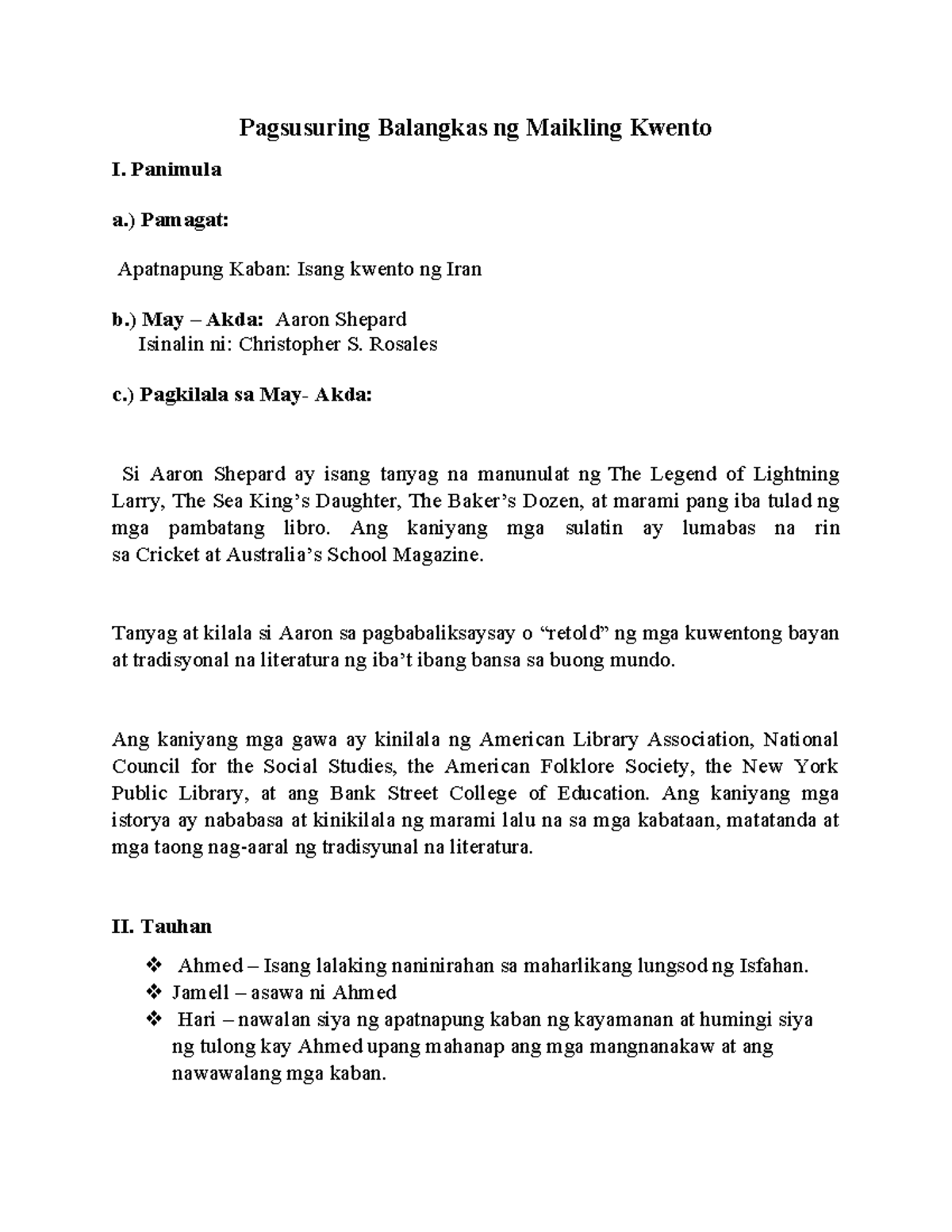 Pagsusuri ng "Apatnapung Kaban": Balangkas at Aral ng Kwento - Studocu