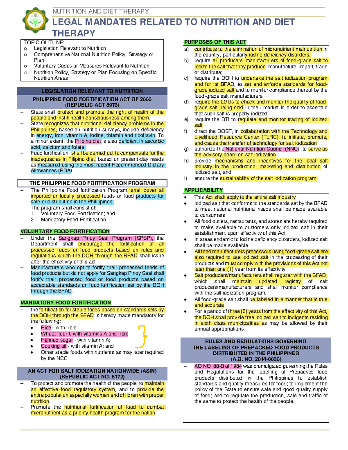 [NCM 105] Legal Mandates in Nutrition and Diet Therapy Overview - Studocu