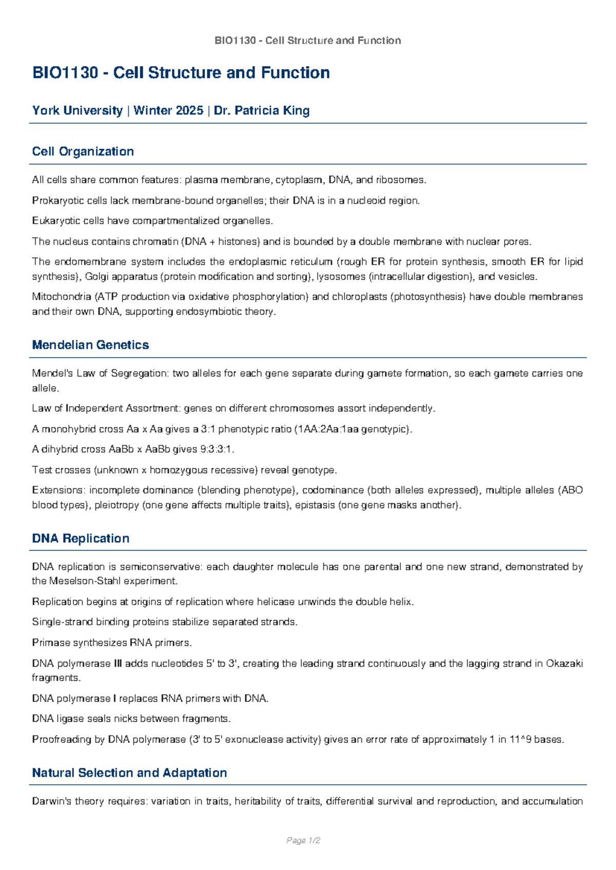 BIO1130 Winter 2025 Study Notes: Cell Structure & Genetics - Studocu