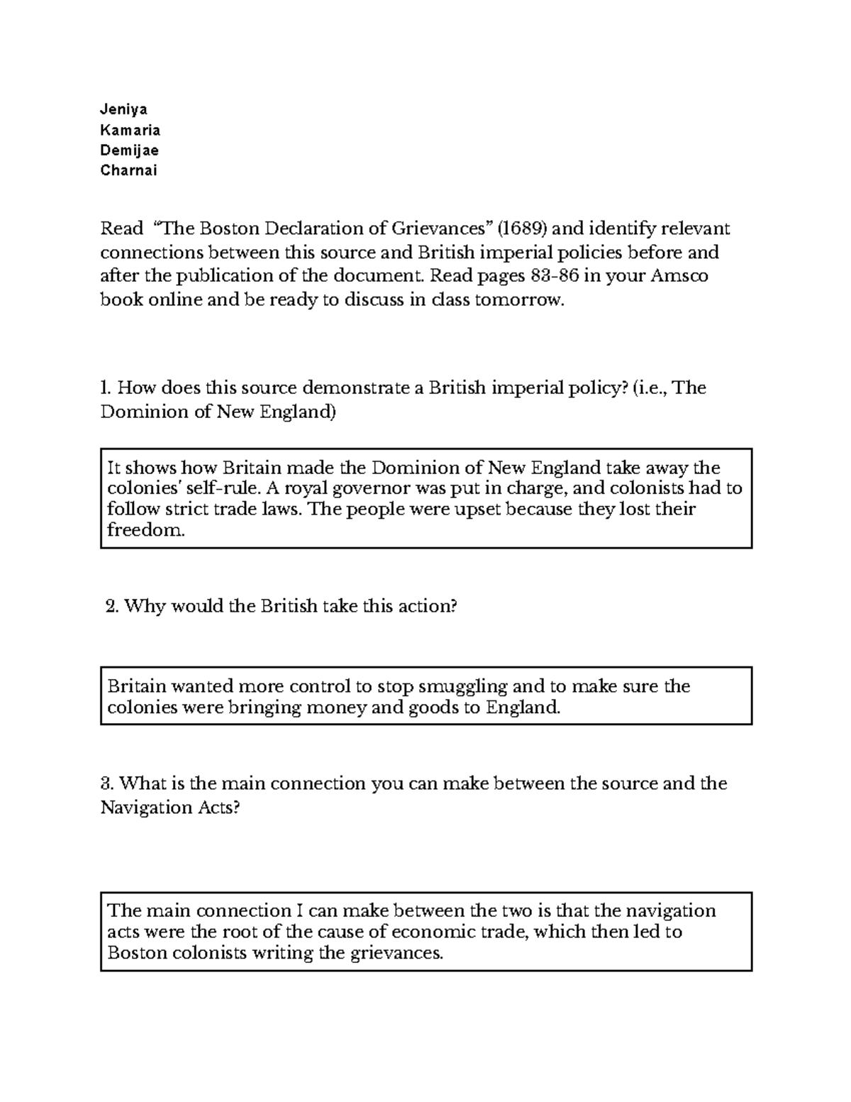 Connections Between the Boston Declaration of Grievances (1689) and ...