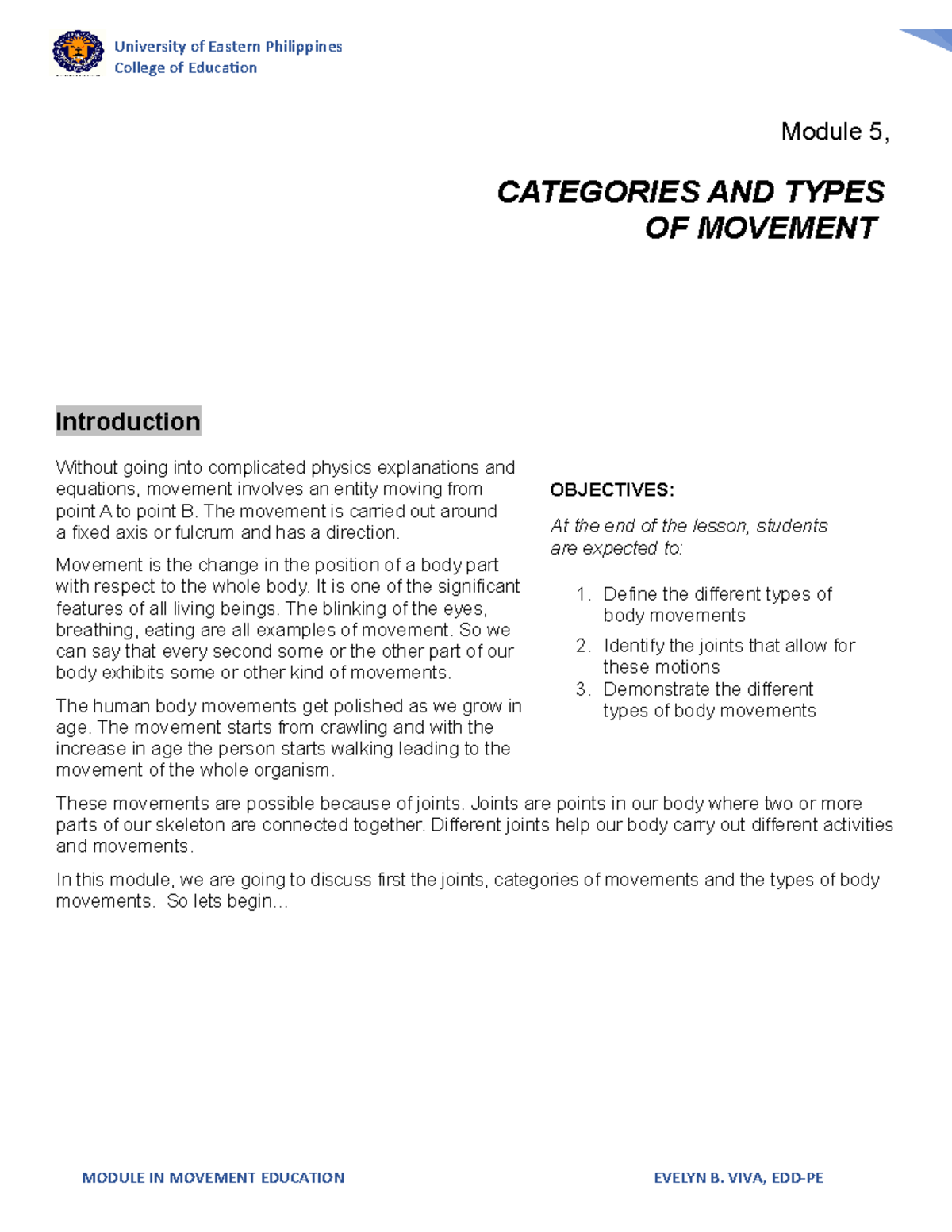 Movement Education Module 5: Understanding Types and Categories - Studocu