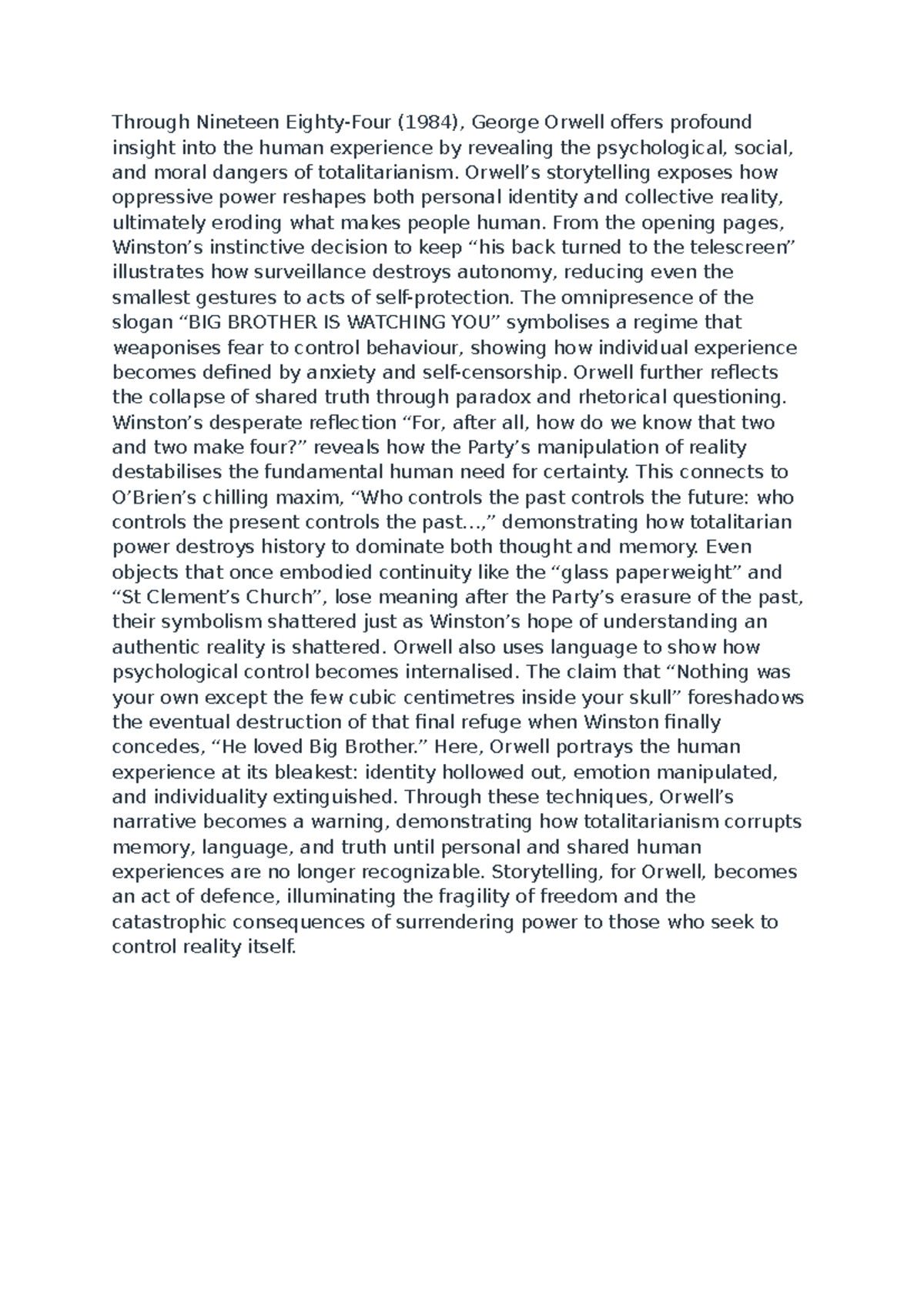 1984 - Analysis of Totalitarianism's Impact on Humanity - Studocu