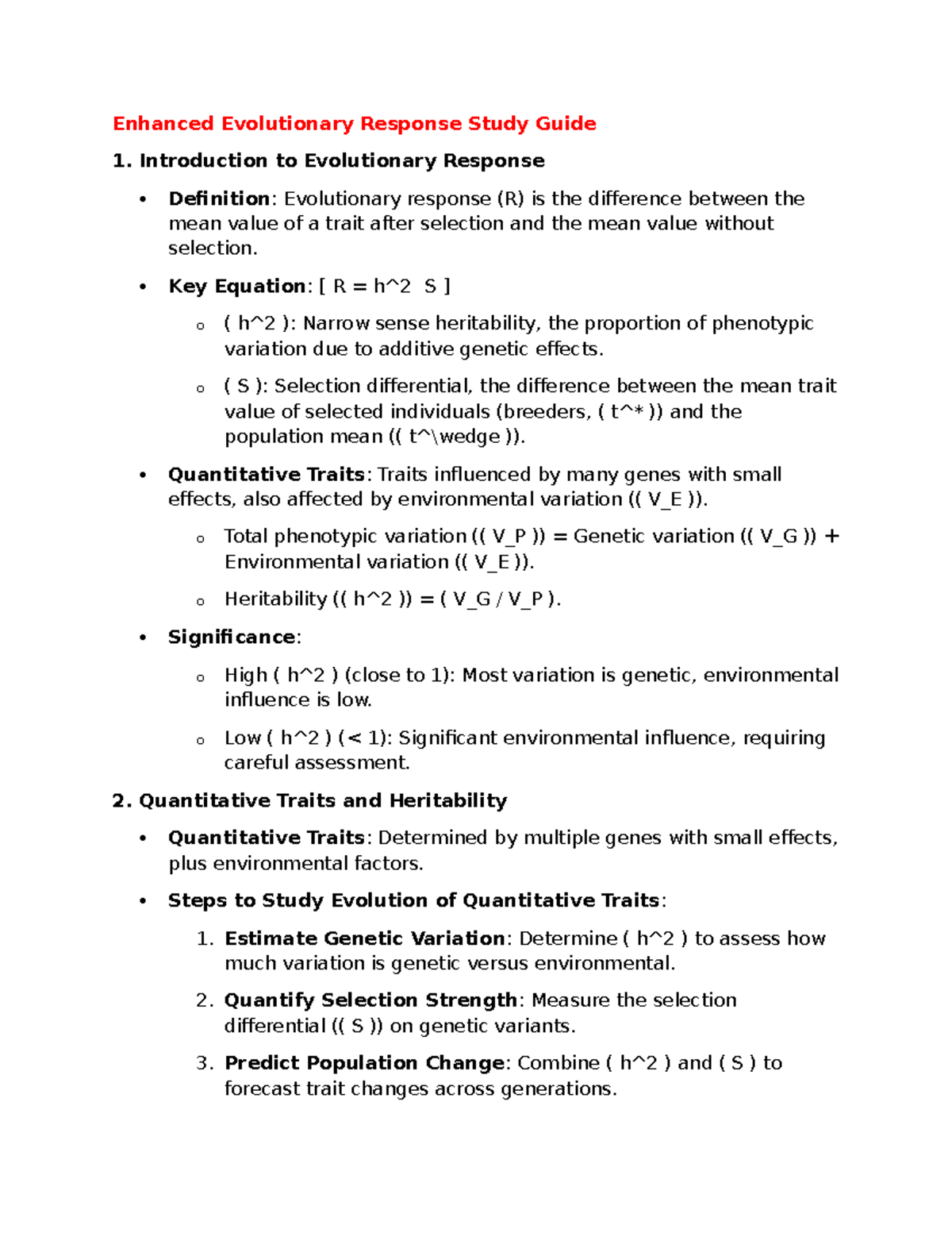 Final Study Guide: Enhanced Evolutionary Response and Speciation ...