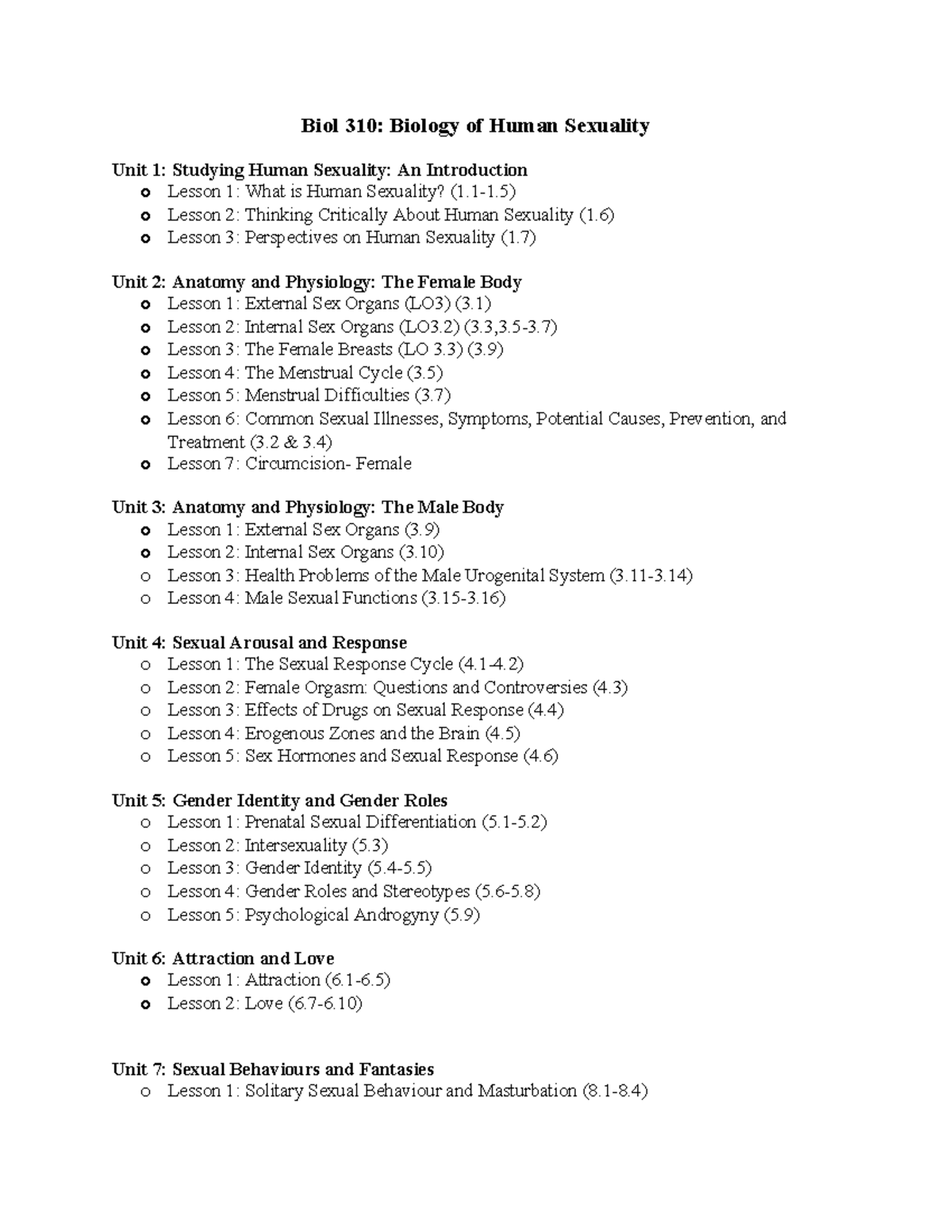 Biol 310: Comprehensive Outline of Human Sexuality Topics - Studocu