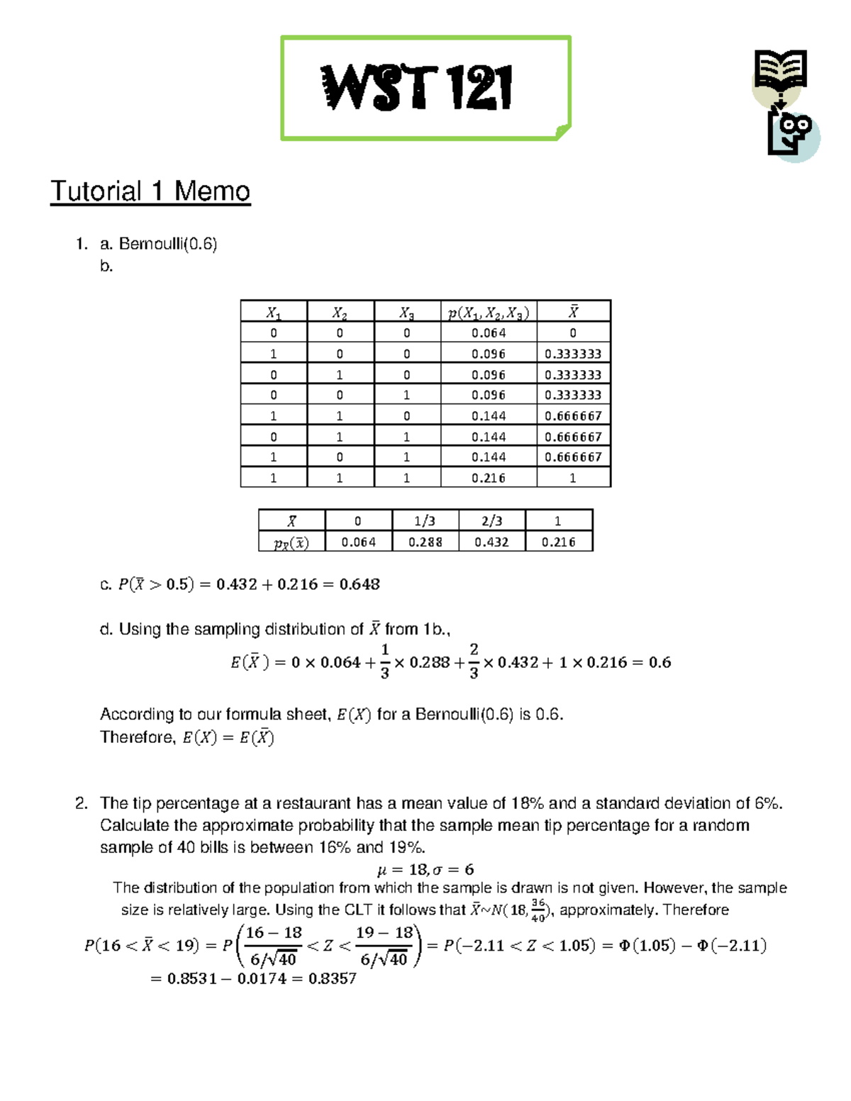 WST 121 Tutorial 1 Memo: Bernoulli & Sampling Distributions Analysis ...