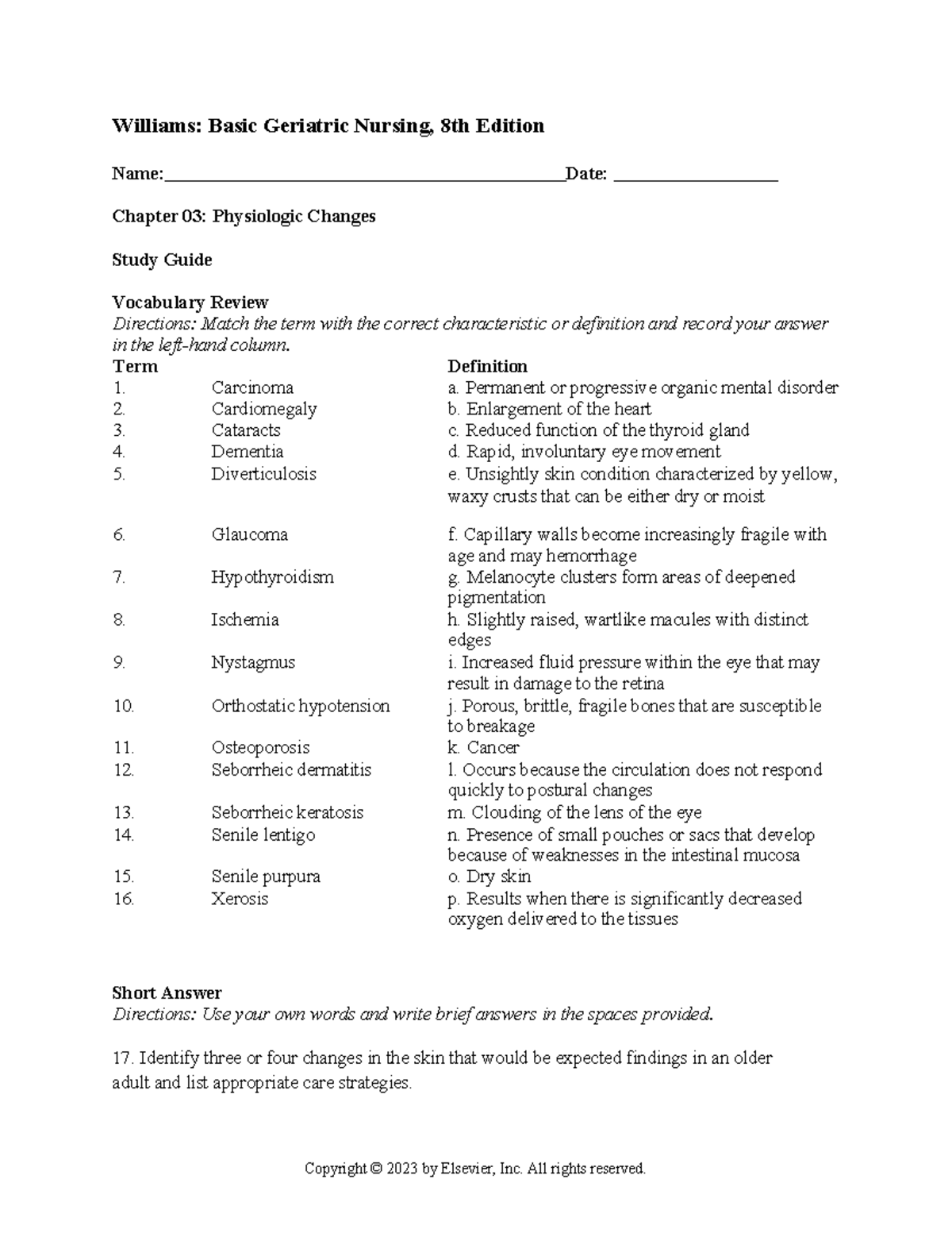 Chapter 03 Study Guide: Physiologic Changes in Geriatric Nursing - Studocu