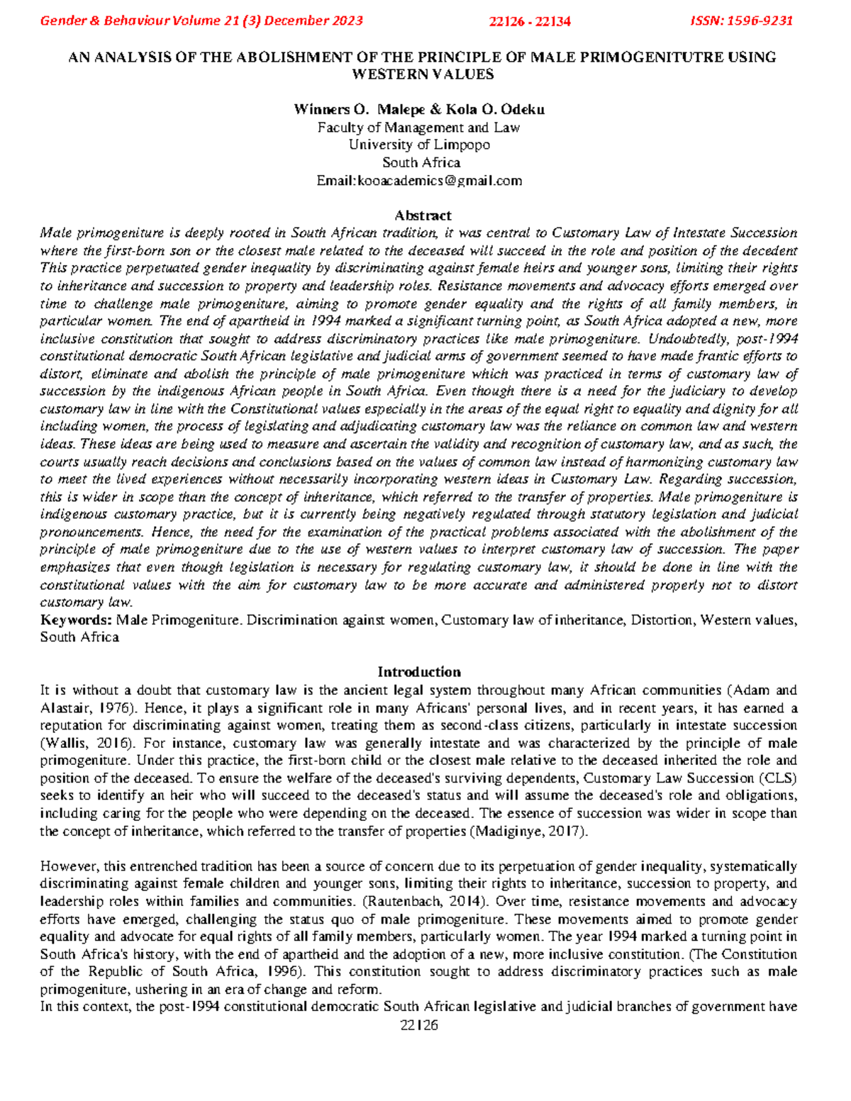 ANALYSIS OF MALE PRIMOGENITURE ABOLISHMENT IN SOUTH AFRICA (LAW 22126 ...