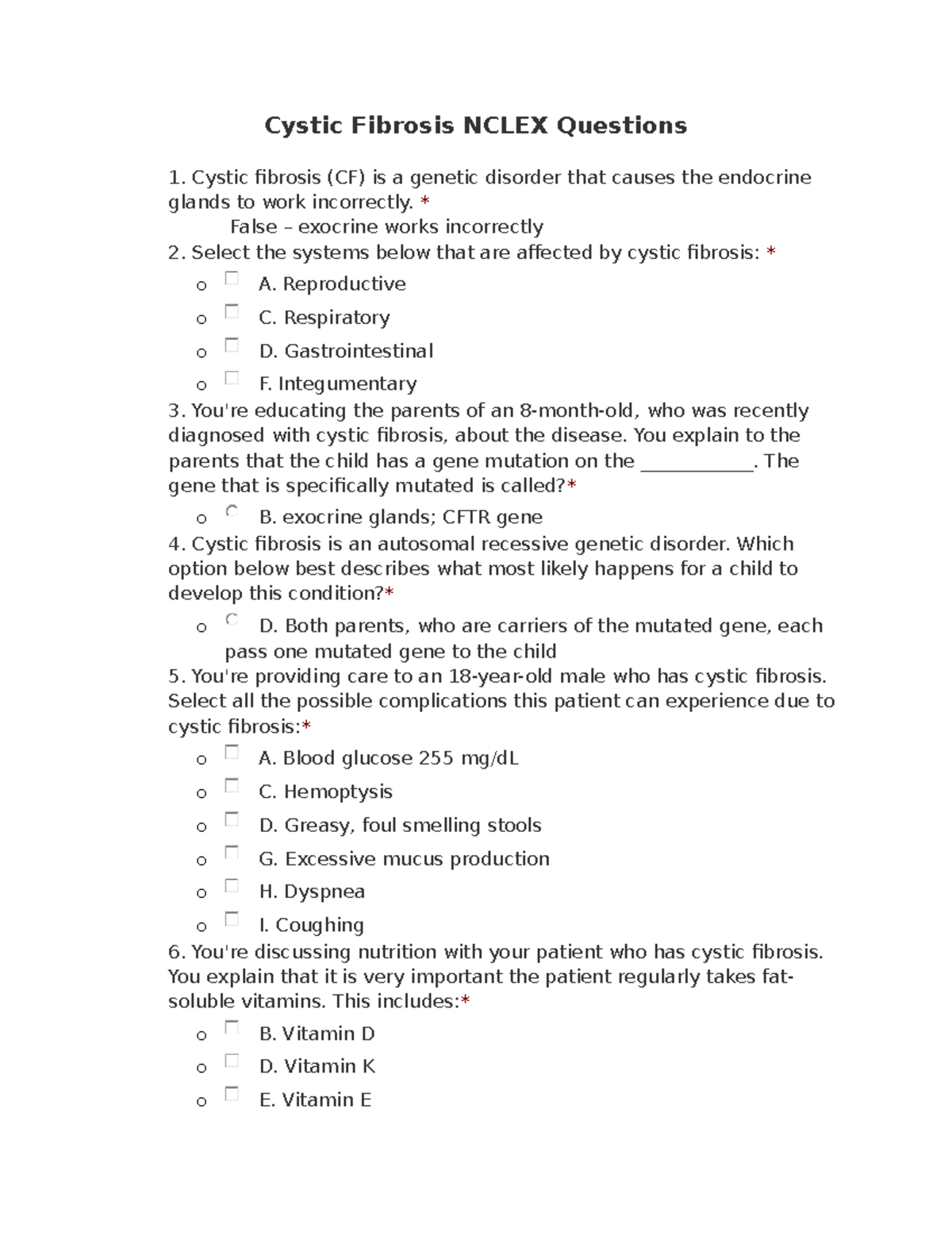 Cystic Fibrosis NCLEX Exam Practice Questions and Answers - Studocu