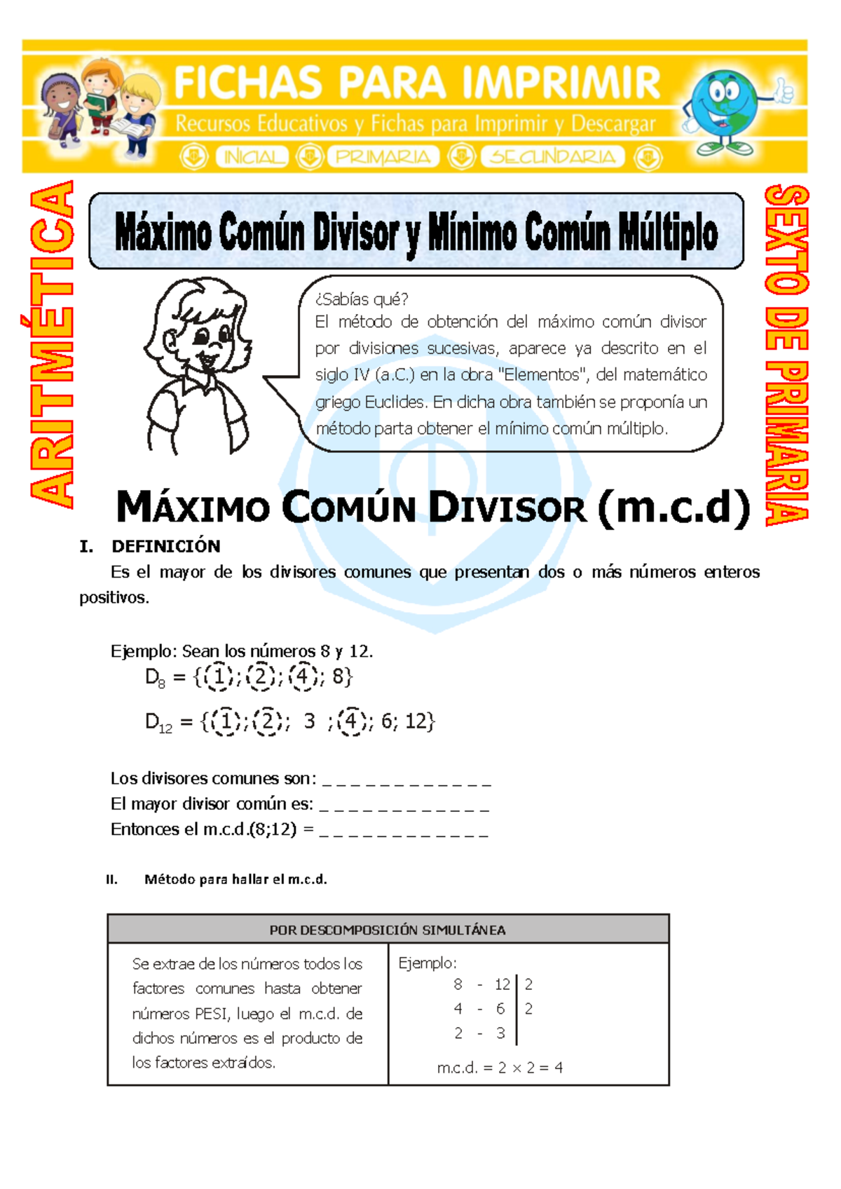Máximo Común Divisor y Mínimo Común Múltiplo para Sexto de Primaria ...